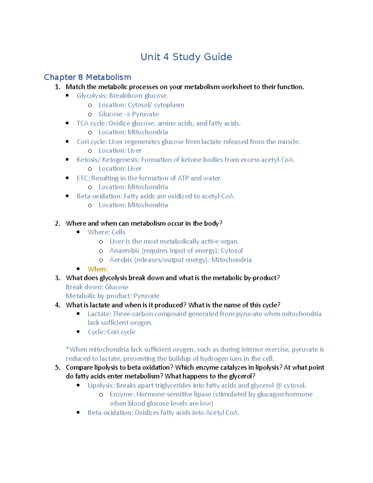 Unit 4 Study Guide Final - Unit 4 Study Guide Chapter 8 Metabolism 1 ...