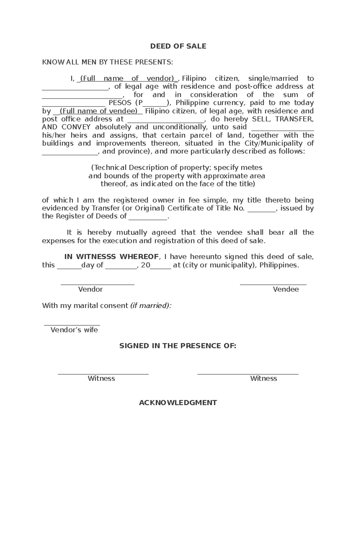 DEED OF SALE Legal Forms - DEED OF SALE KNOW ALL MEN BY THESE PRESENTS ...