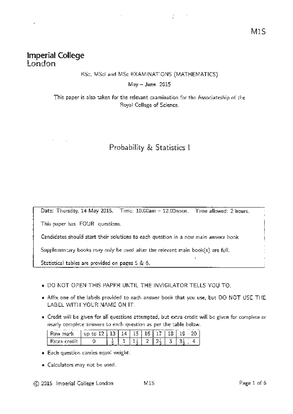 M1S May 2015 - Imperial College M1S probability and Statistics (year 1 ...