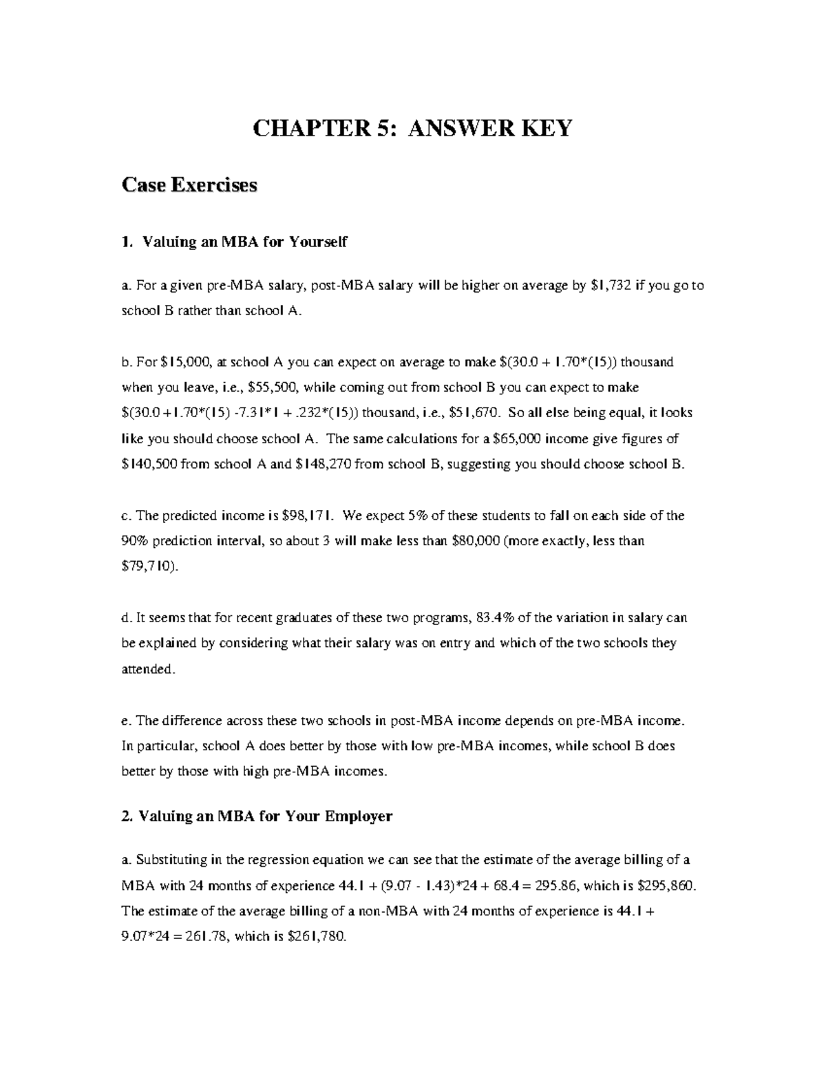Chapter 5 answers C - CHAPTER 5: ANSWER KEY Case Exercises 1. Valuing ...