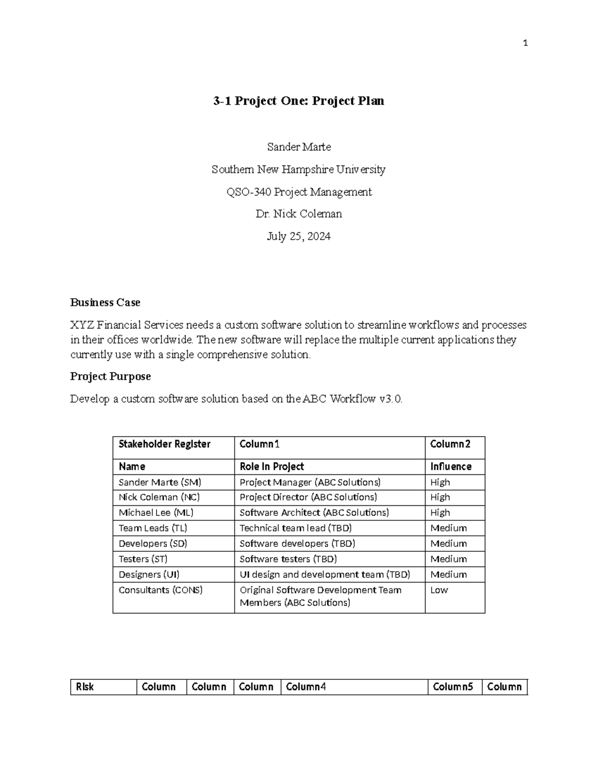 3-1 Project One Project Plan - 3-1 Project One: Project Plan Sander ...