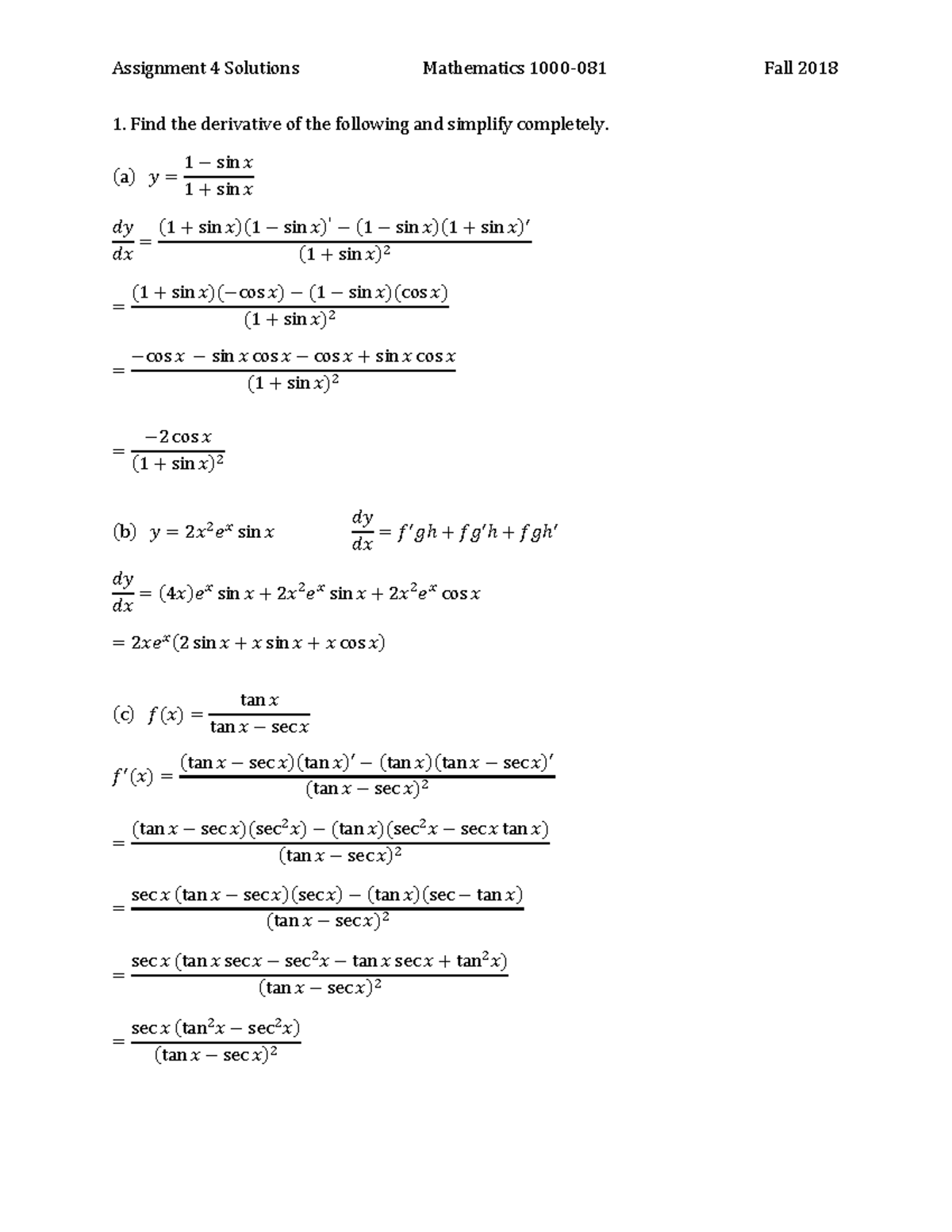 Assignment 4 Solutions Fall 2018 - Assignment 4 Solutions Mathematics ...