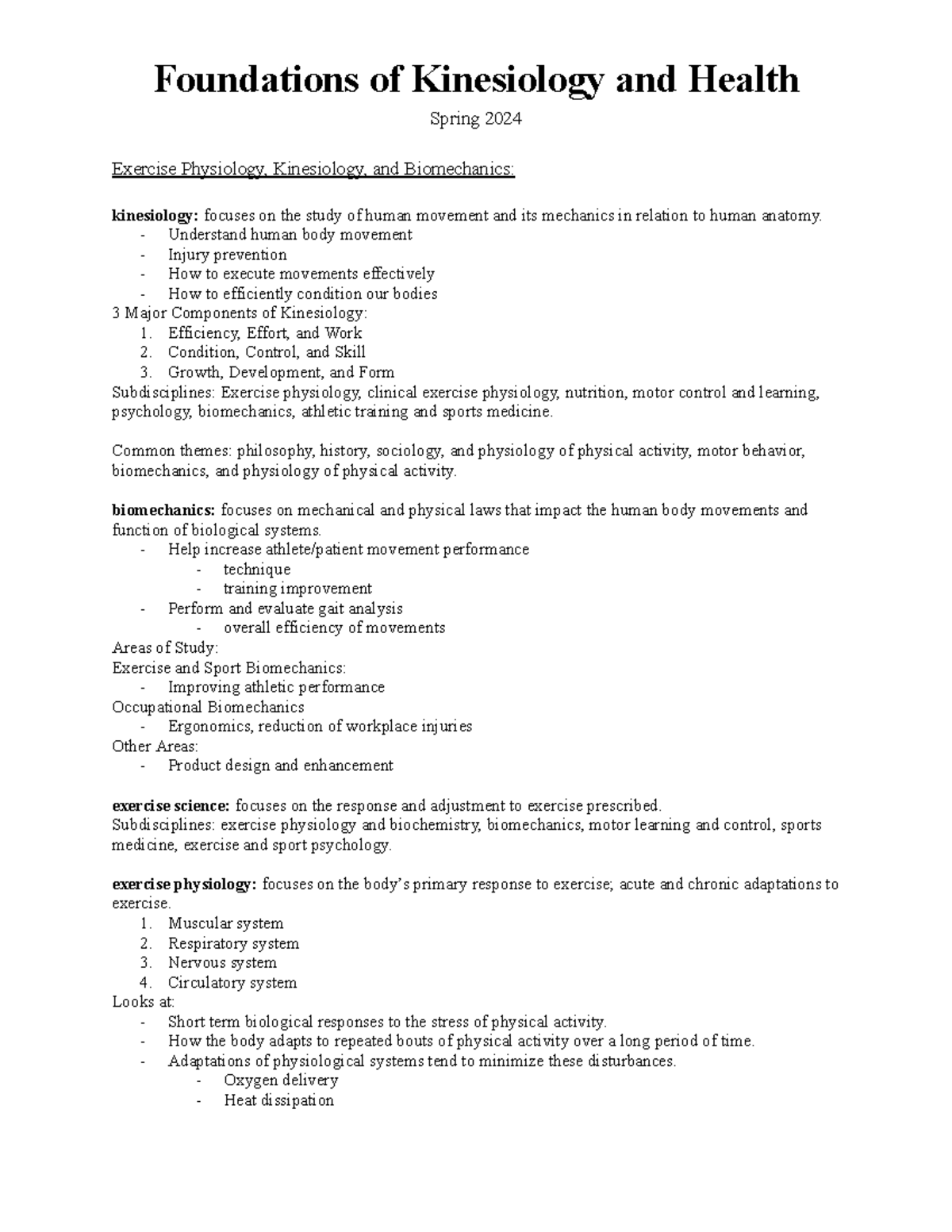 Foundations of Kinesiology and Health Final Notes - Spring 2024 ...