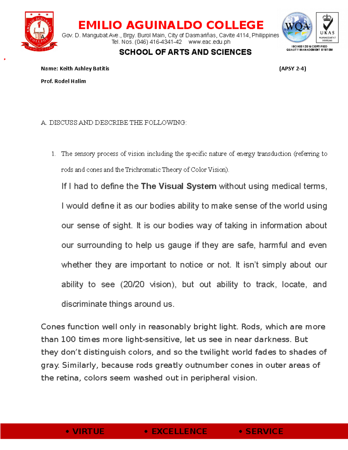 Physiobio Assignment 1 - Batitis - A SCHOOL OF ARTS AND SCIENCES Name ...