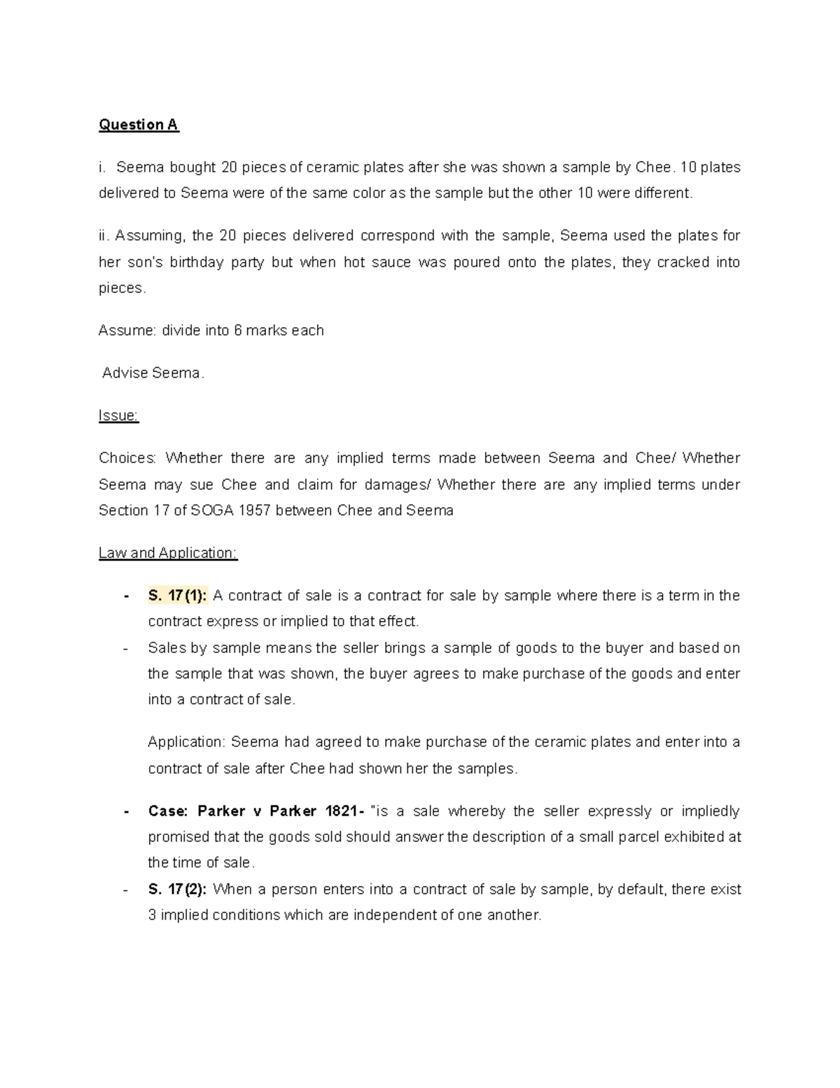 Tuto contract week 4 - Tutorial work in regards to implied term in ...