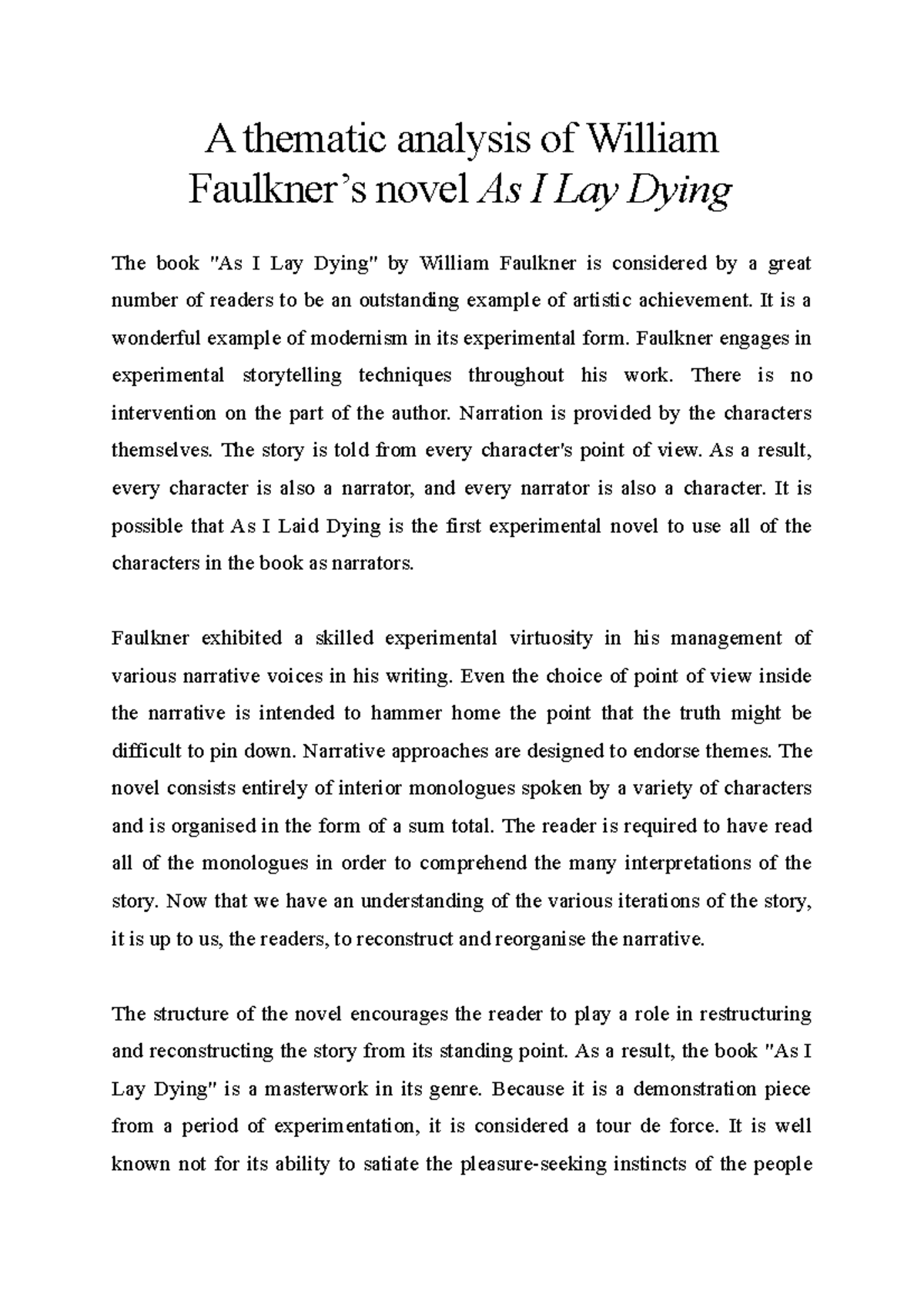 A thematic analysis of William Faulkner’s novel As I Lay Dying - A ...