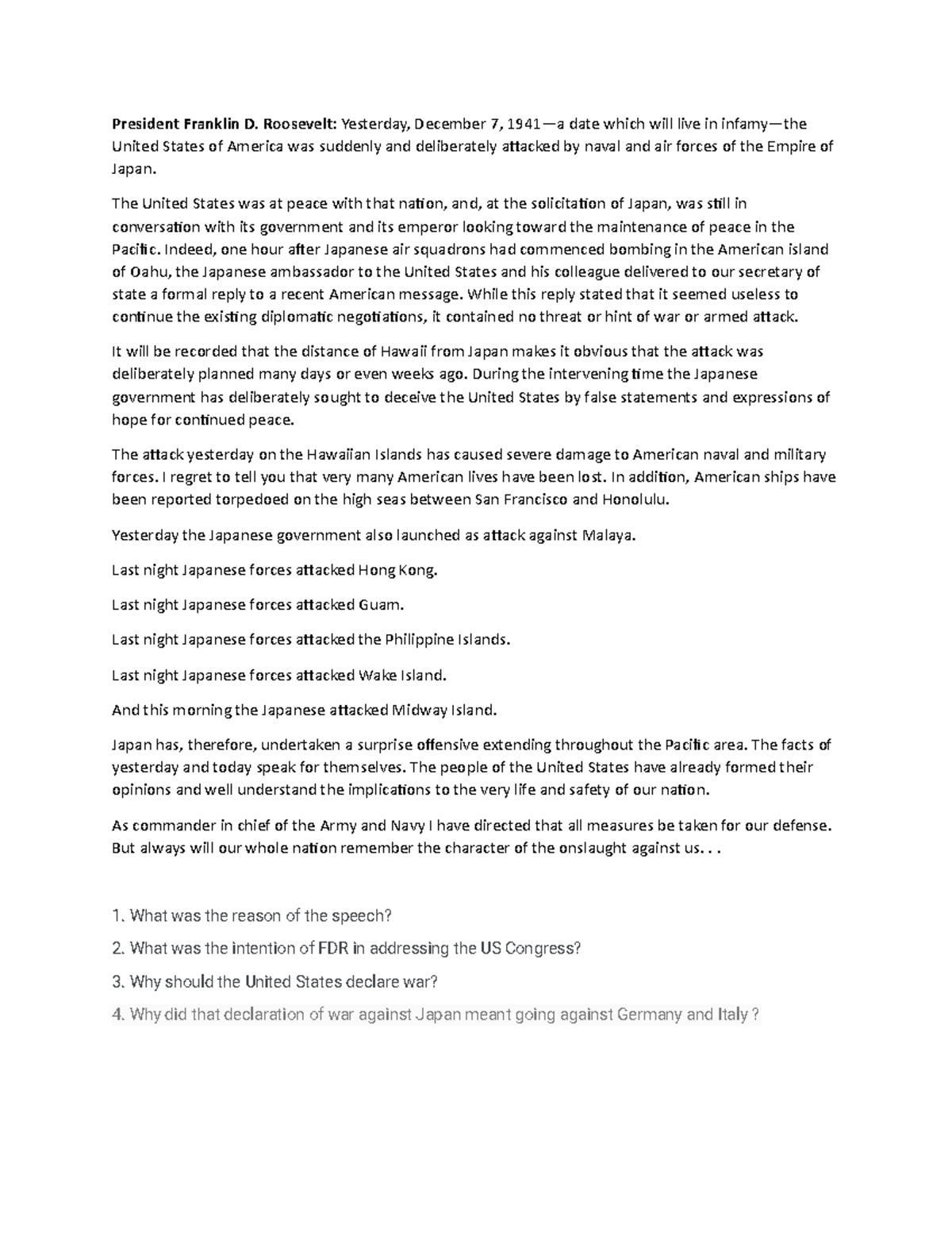 A Day that Will Live in Infamy - President Franklin D. Roosevelt ...