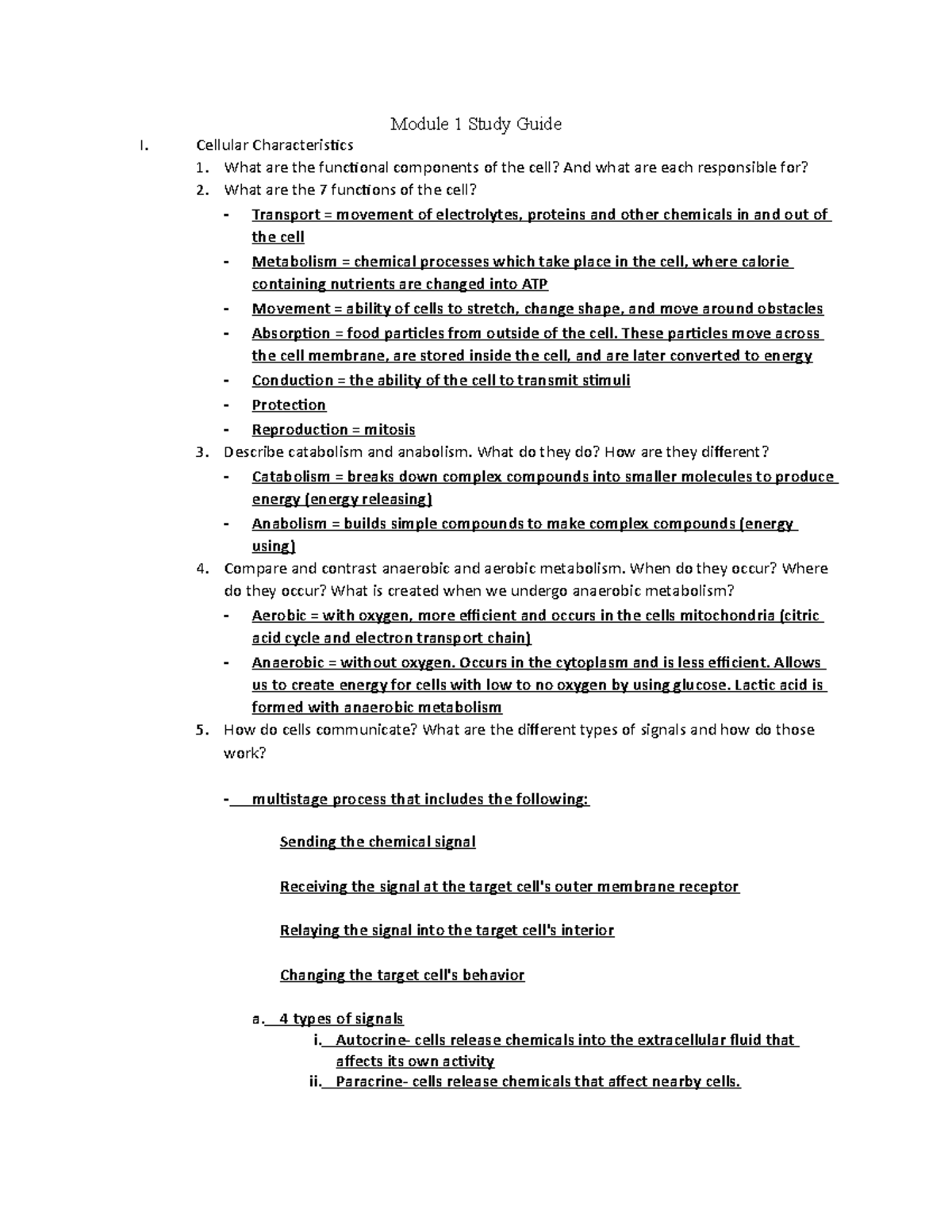 Module 1 Study Guide - Module 1 Study Guide I. Cellular Characteristics ...