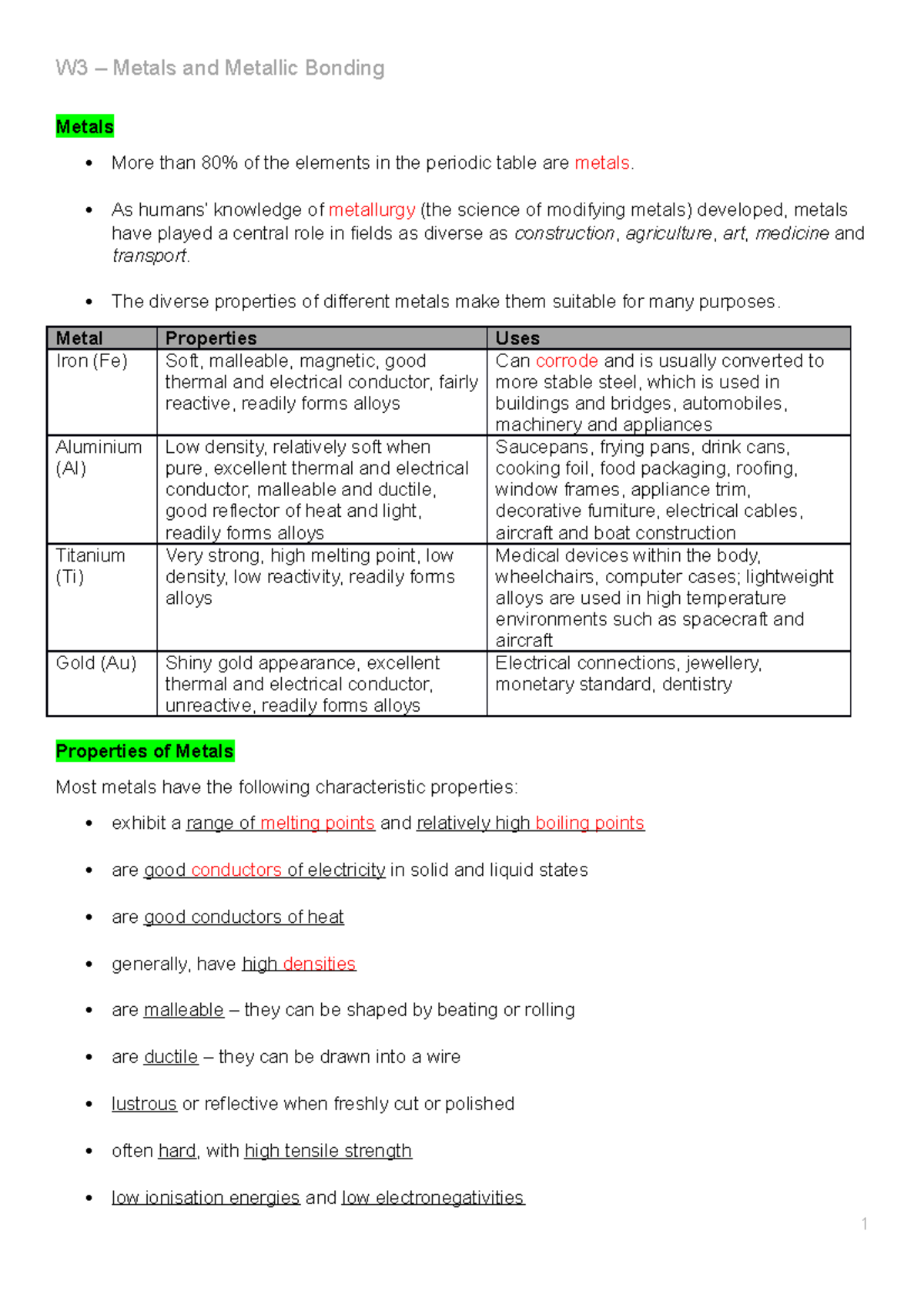 W3 – Metals and Metallic Bonding - Metals More than 80% of the elements ...
