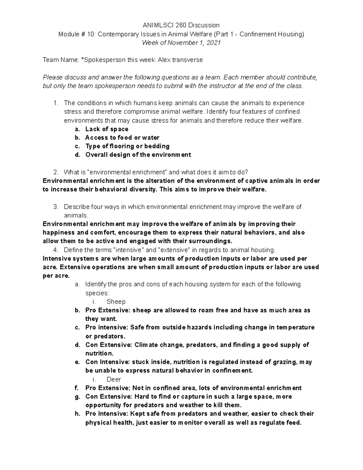 Ansci 260 questions - Professor Susan Marston - ANIMLSCI 260 Discussion ...