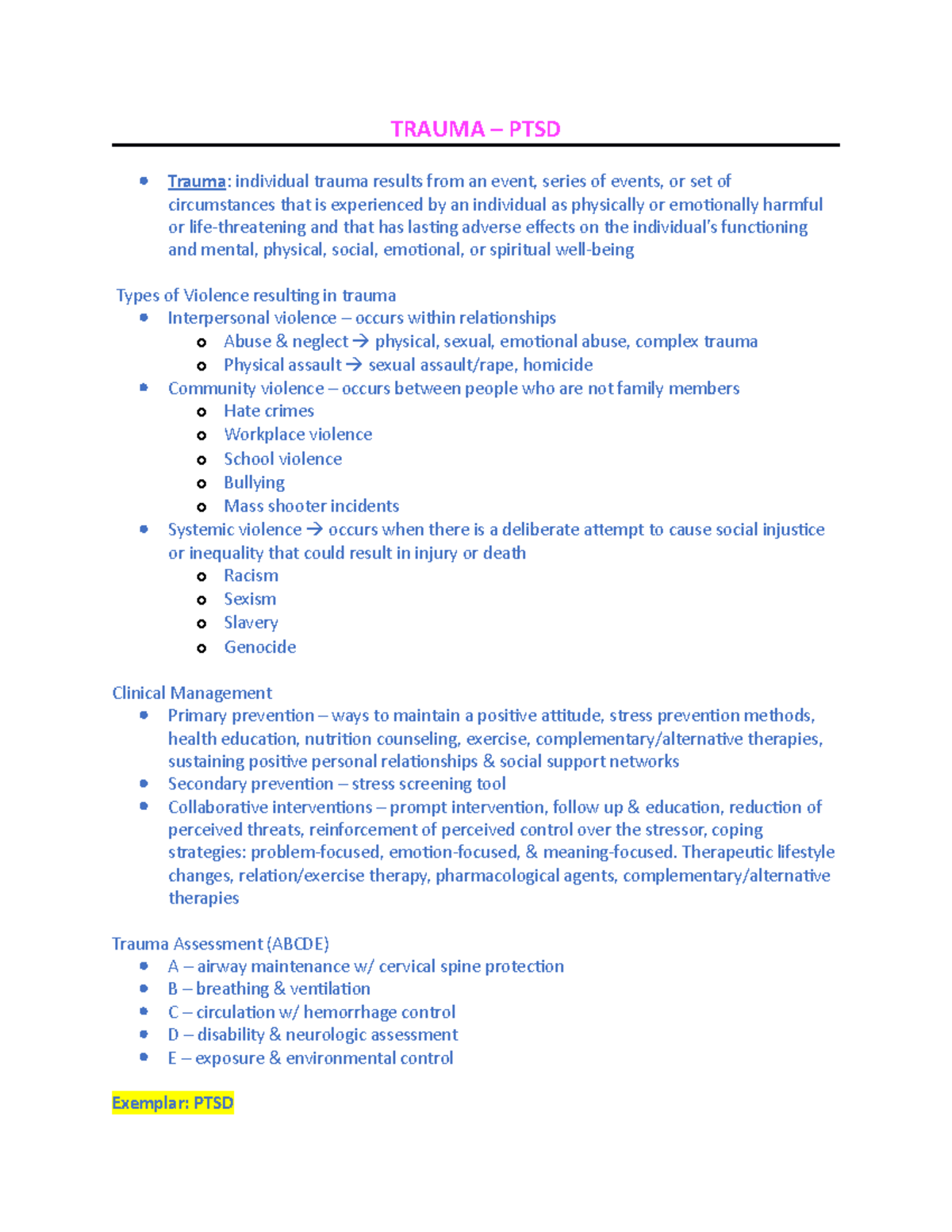PTSD Notes - TRAUMA – PTSD Trauma: individual trauma results from an ...