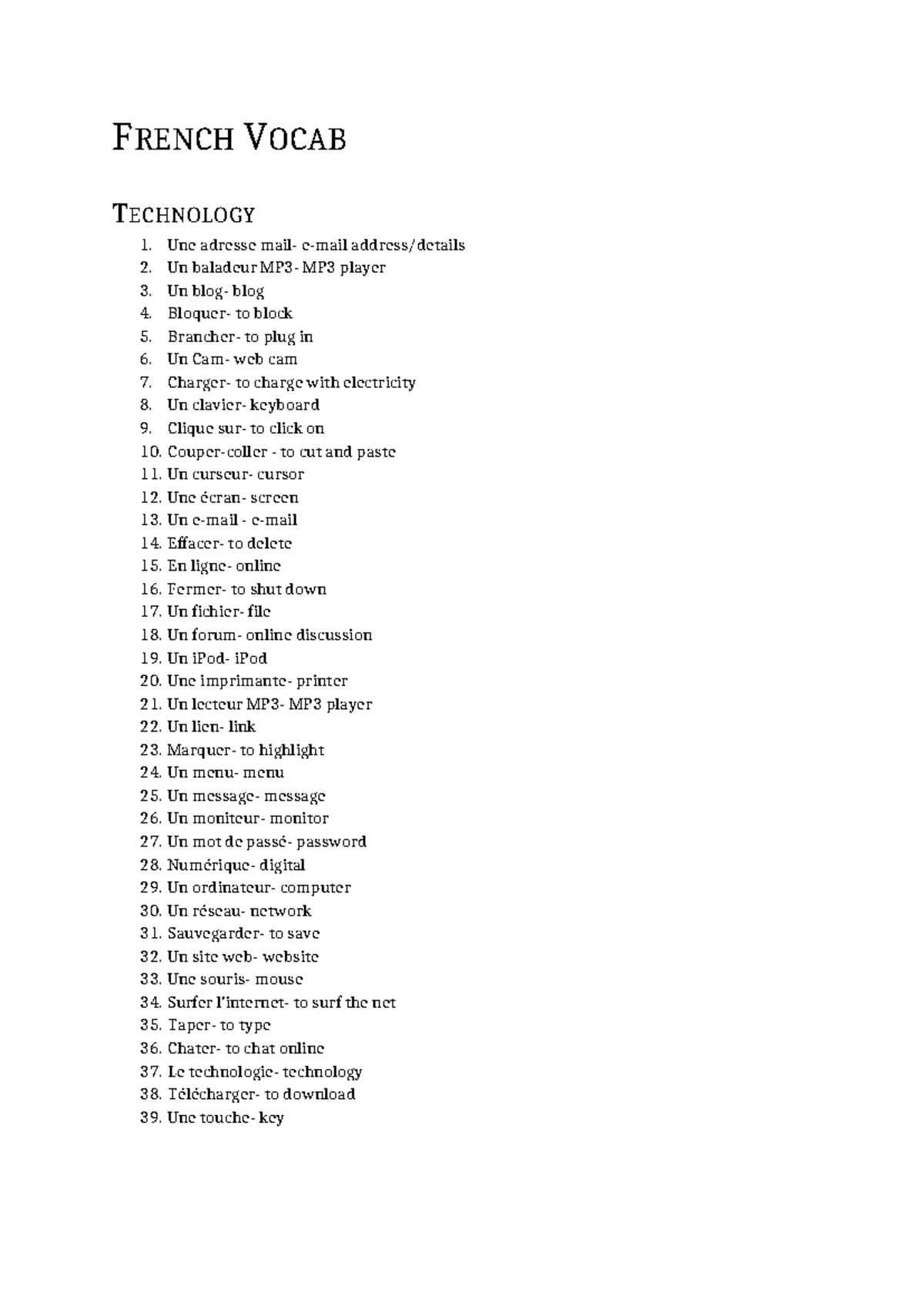 French Vocab - FRENCH VOCAB TECHNOLOGY 1. Une adresse mail- e-mail ...