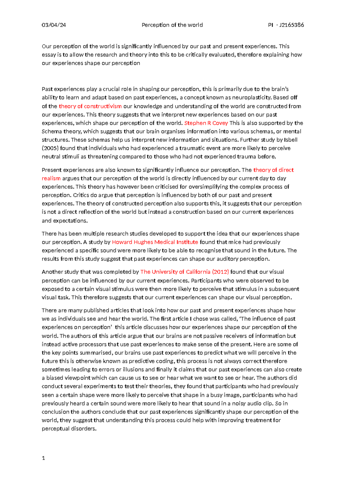 Tma 03 de200 - 03/04/24 Perception of the world PI - J Our perception ...