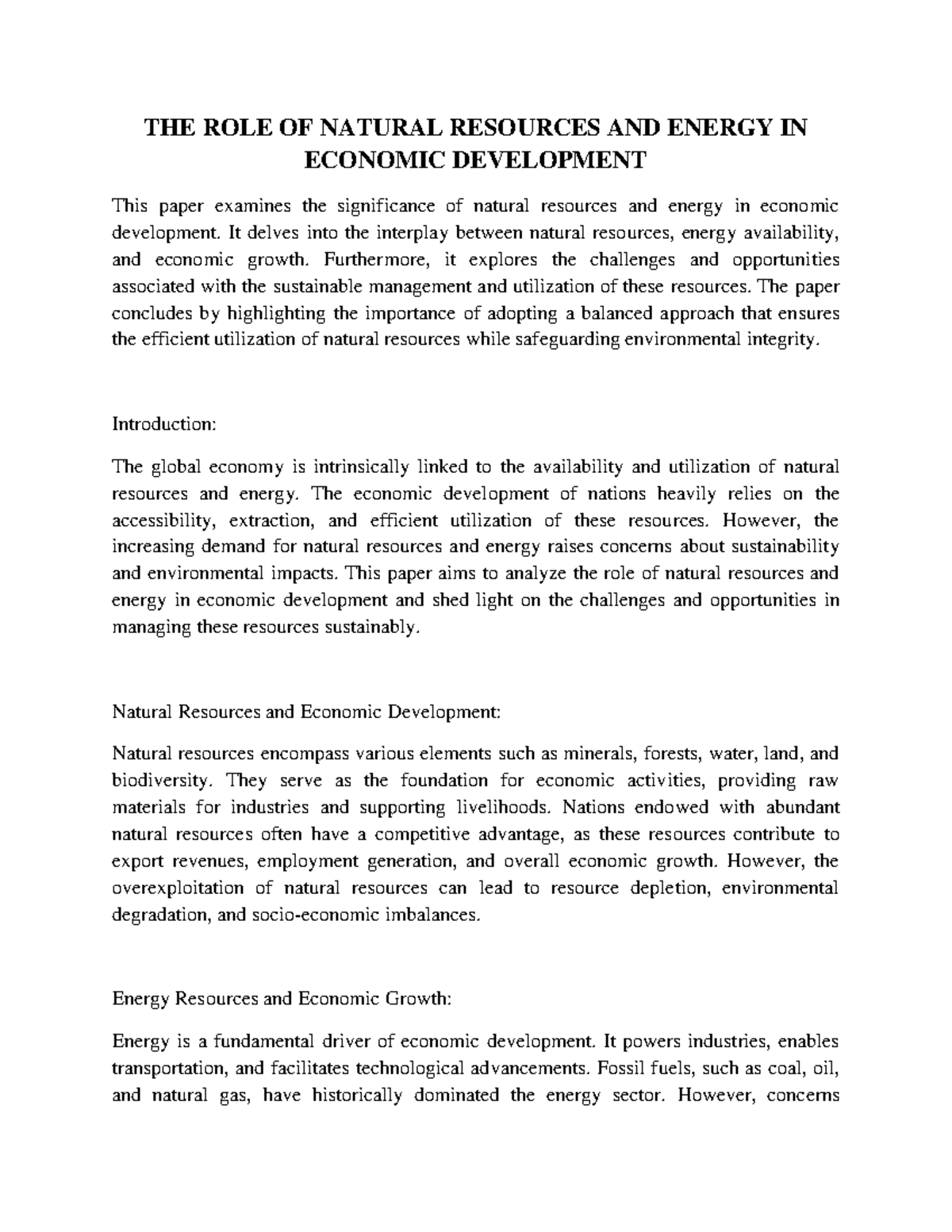THE ROLE OF Natural Resources AND Energy IN Economic Development - THE ...