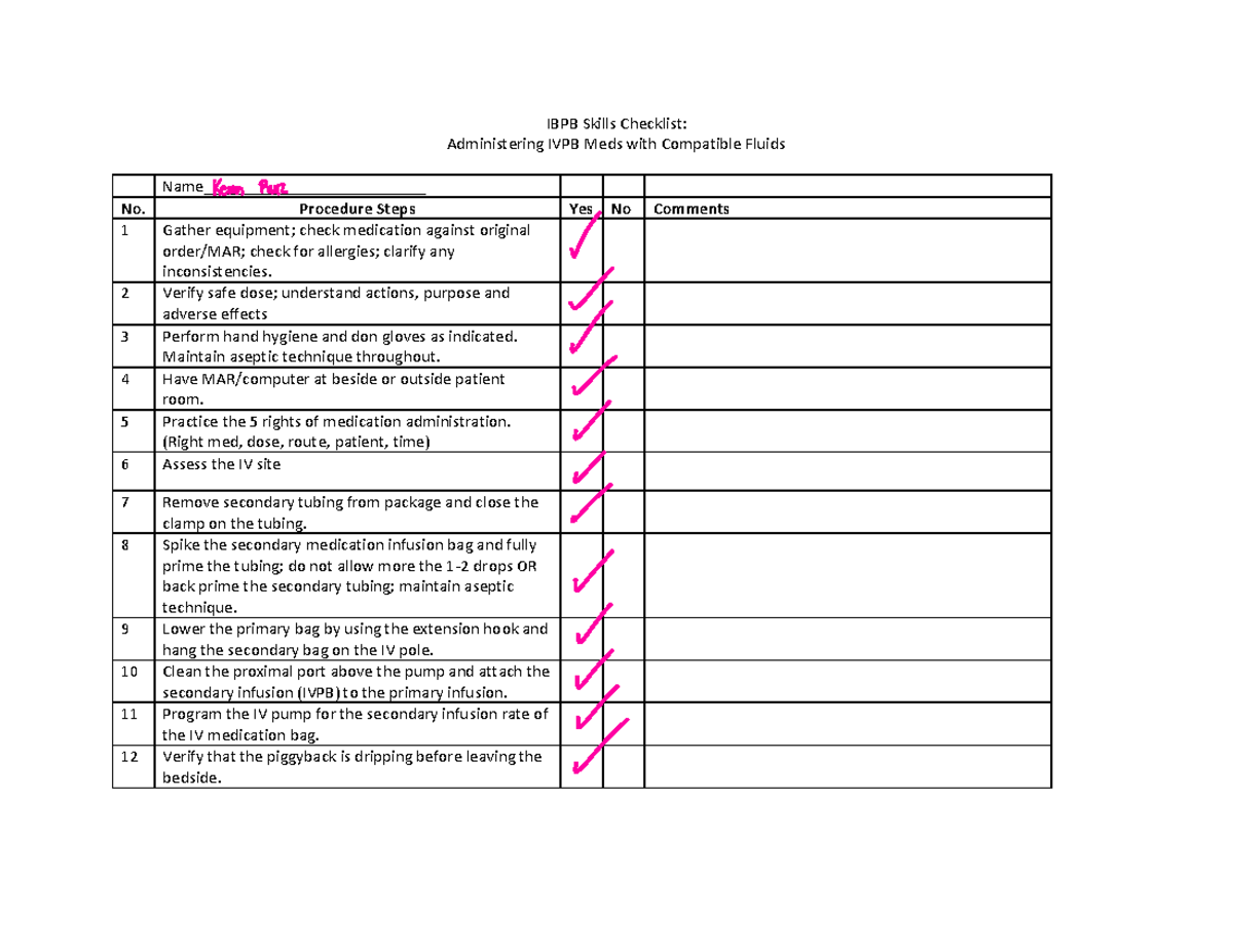 IV Piggyback Checklist - IBPB Skills Checklist: Administering IVPB Meds ...