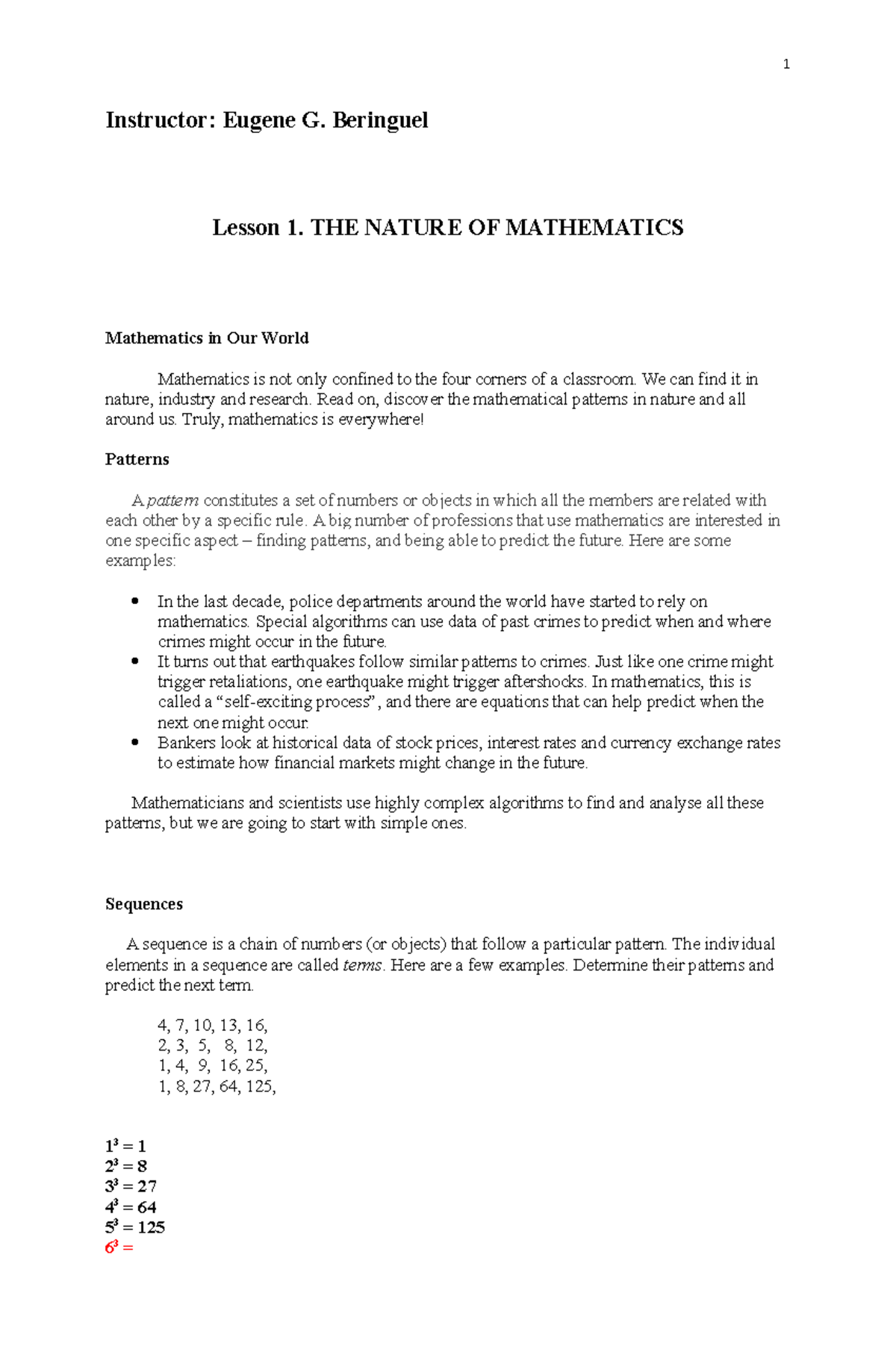 Math 1 Notes - none - Instructor: Eugene G. Beringuel Lesson 1. THE ...