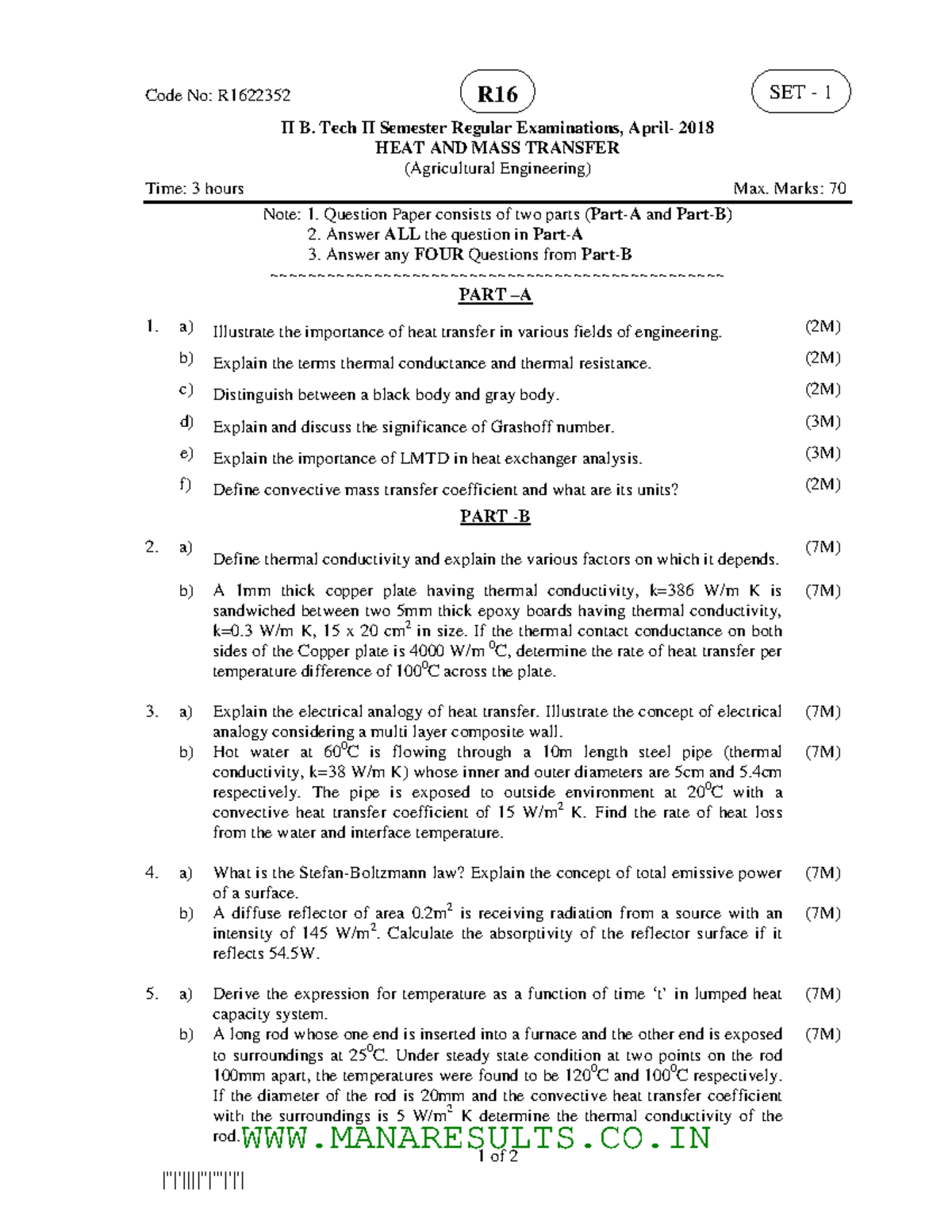 R1622352042018 - Heat Mass and transfer 2018 Sample Question paper