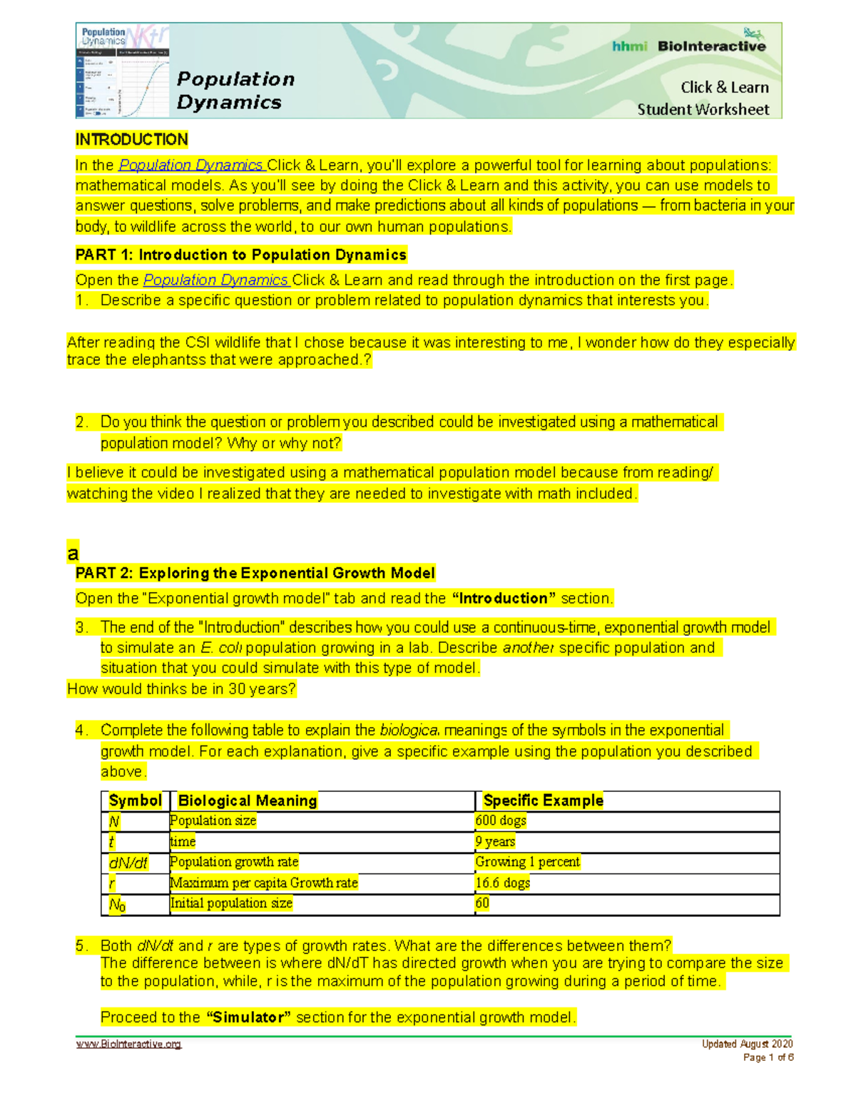 Lab assignment for class - INTRODUCTION In the Population Dynamics ...