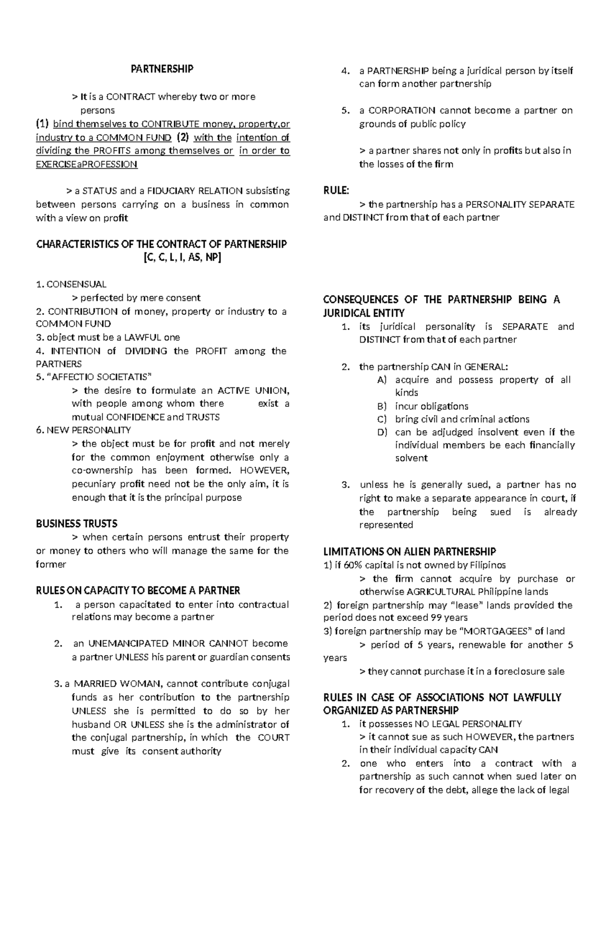 Partnership Notes - PARTNERSHIP It is a CONTRACT whereby two or more ...