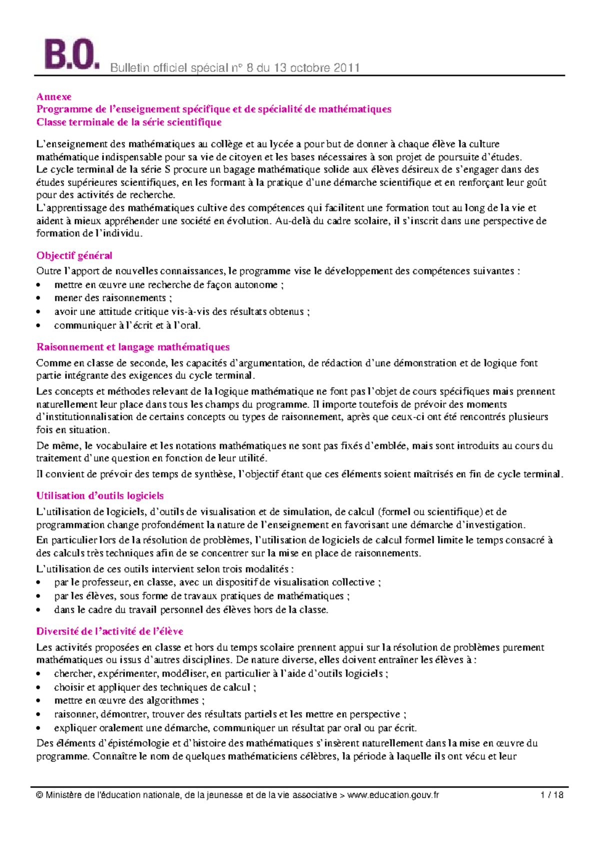 Terminale S 13 Oct 2011 - Bonjoir - Annexe Programme de l’enseignement ...