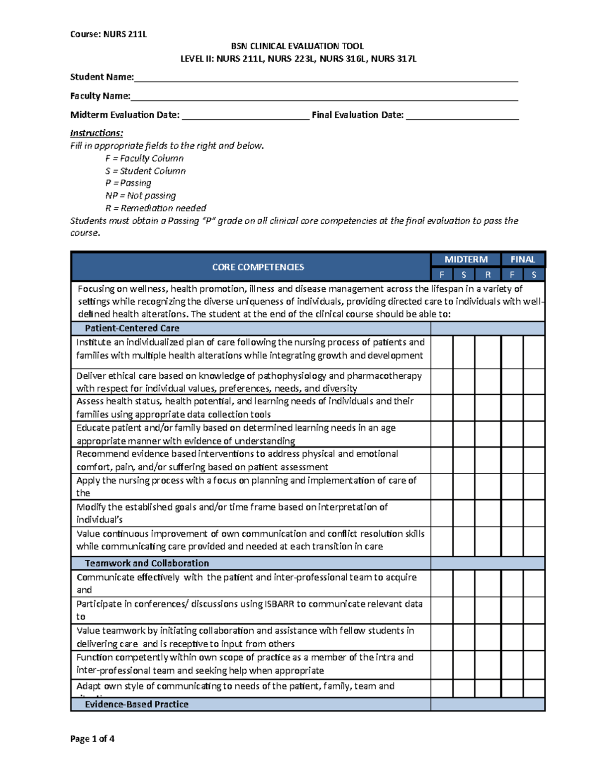 NURS 211L - BSN Clinical Evaluation Tool Level II - BSN CLINICAL ...