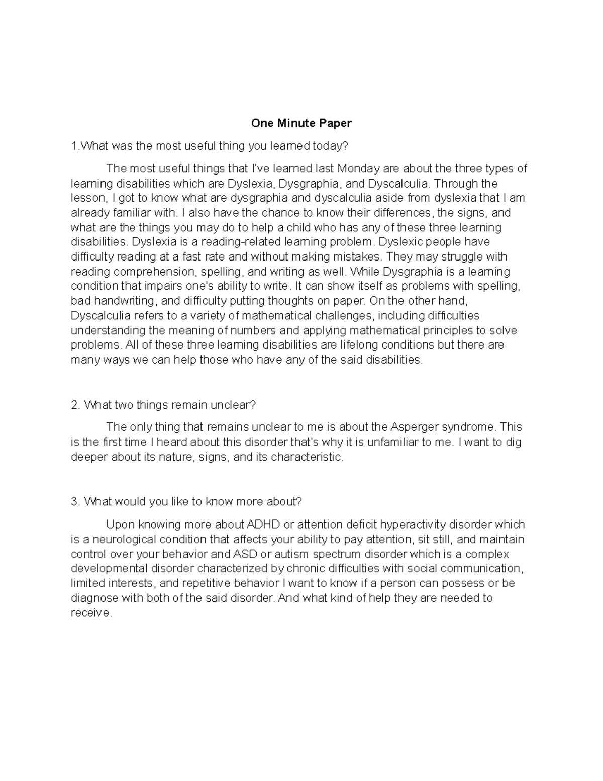 One Minute Paper - Middle and Late Childhood - One Minute Paper 1 was ...