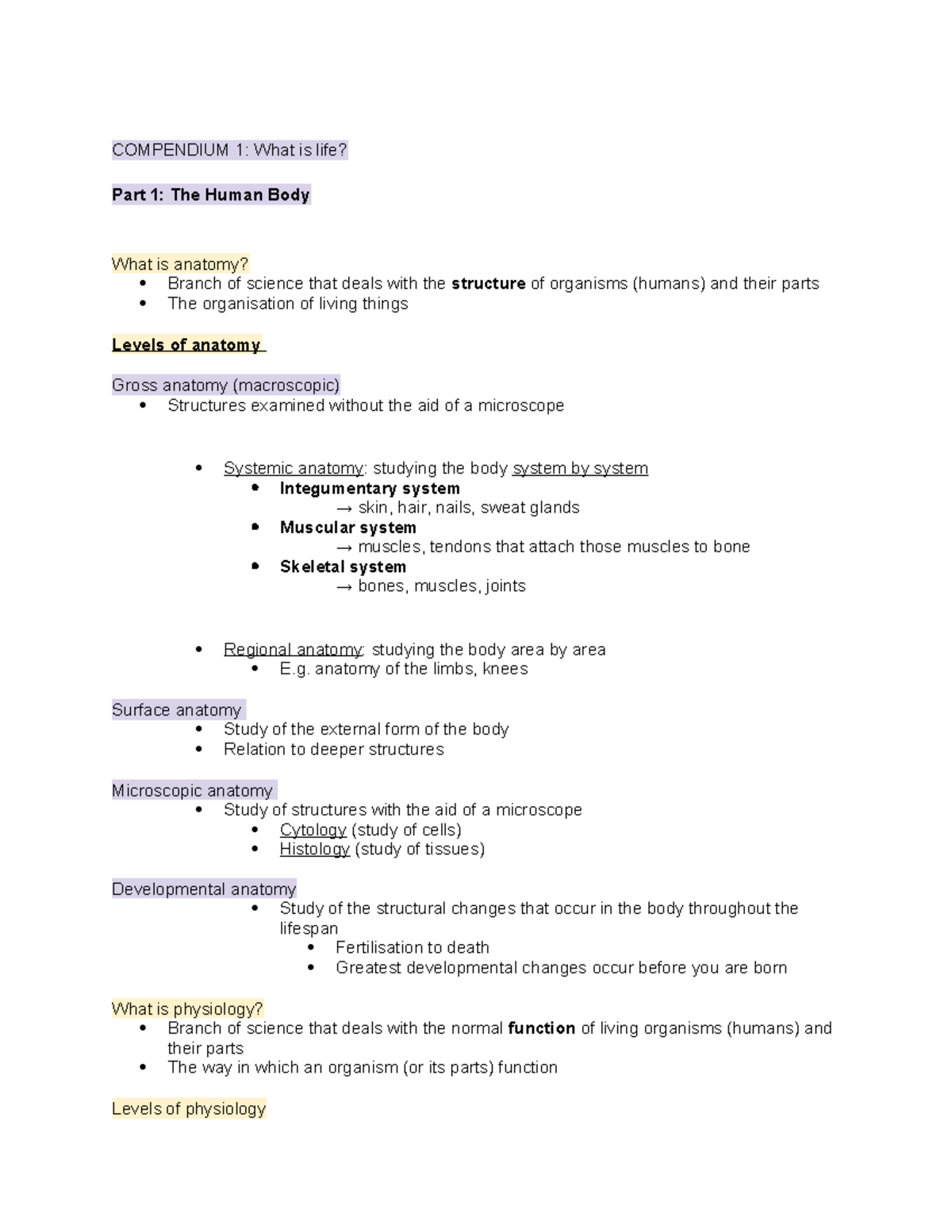 HUMB1000 - compendium 1 - COMPENDIUM 1: What is life? Part 1: The Human Body What is anatomy ...