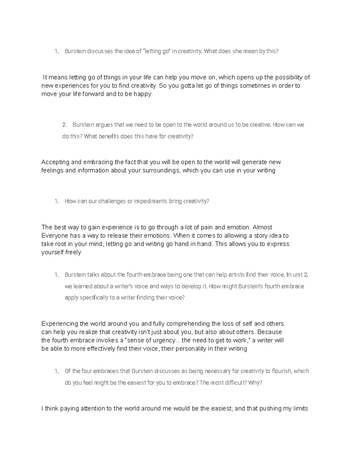 Another creative writing assignment - Burstein discusses the idea of ...