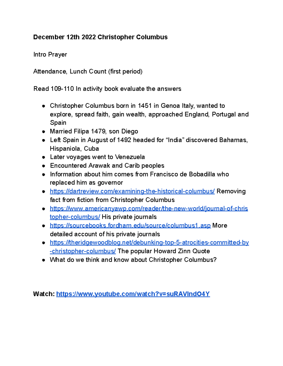 Class notes for world history - December 12th 2022 Christopher Columbus ...