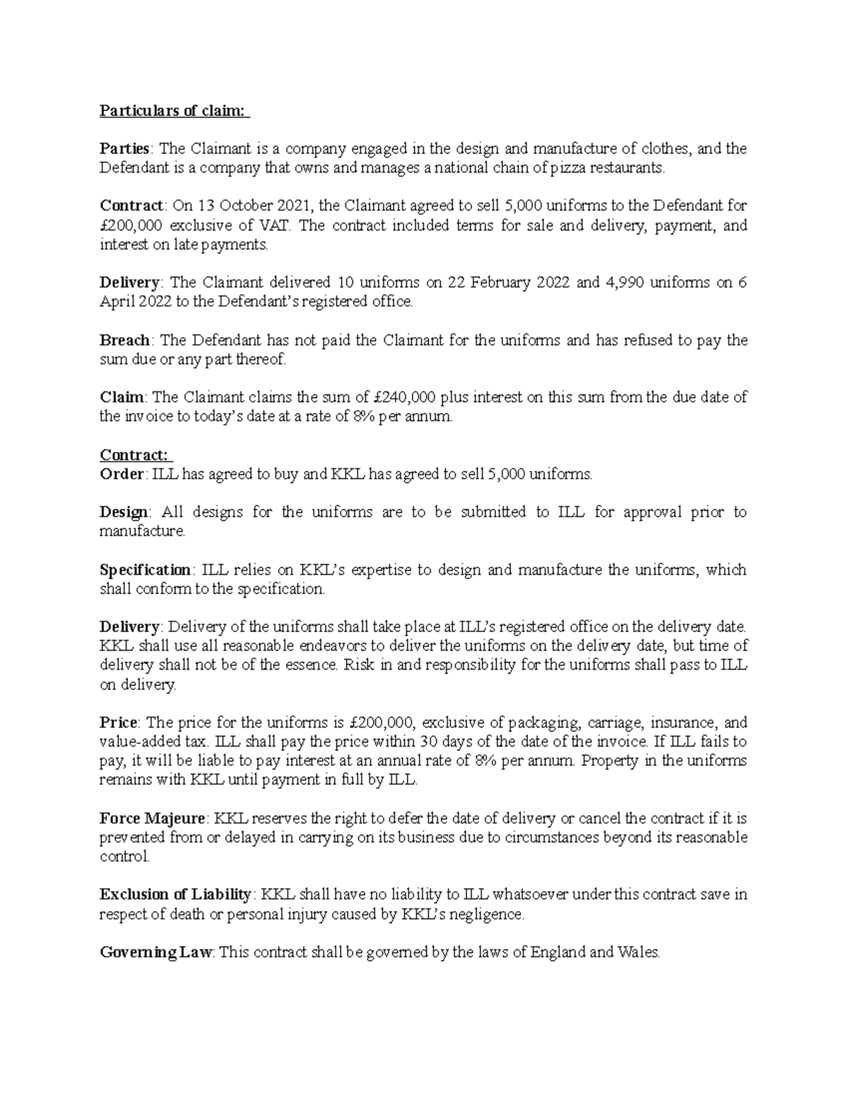 Case summary Kreative kit v llb - Particulars of claim: Parties: The ...