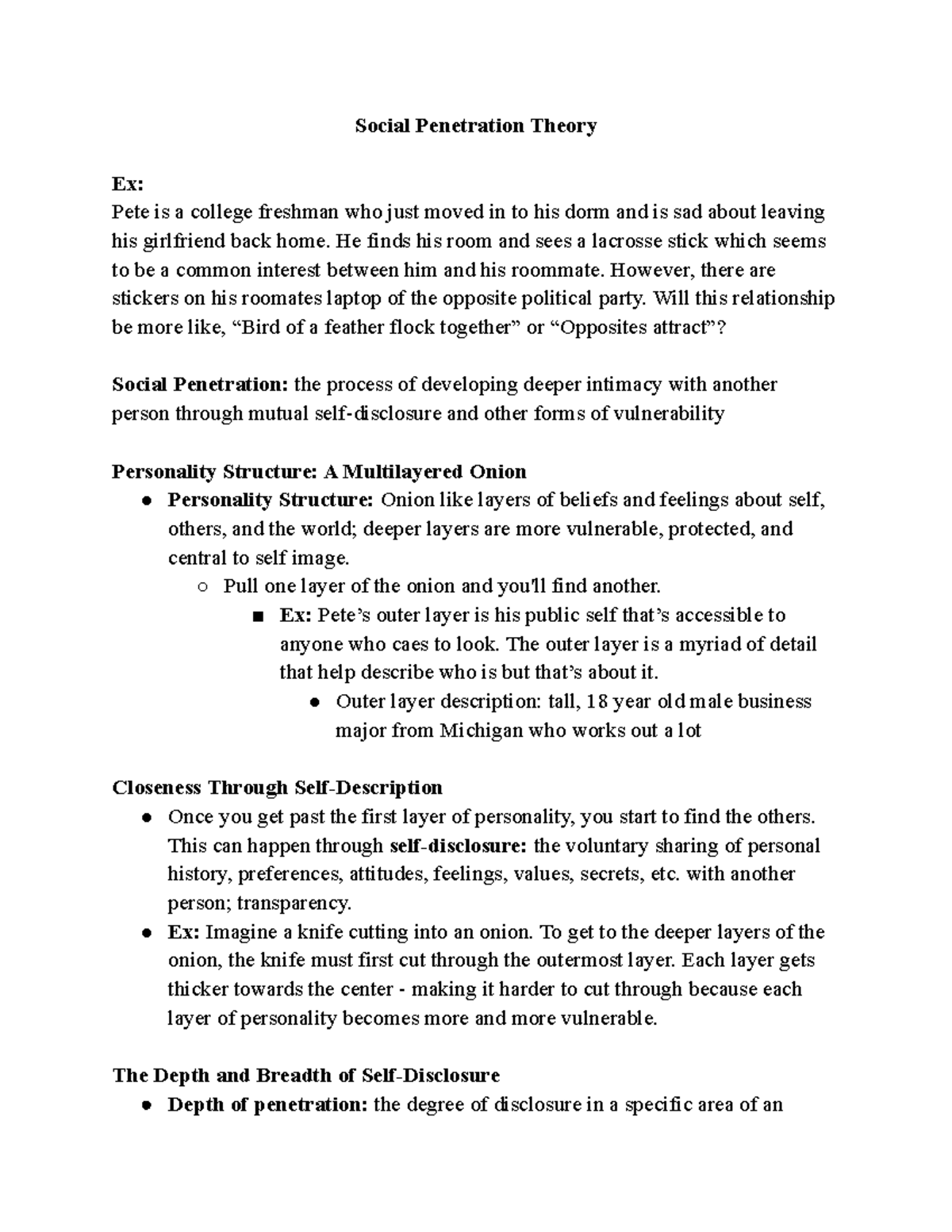 Chapter 8 Notes - Social Penetration Theory Ex: Pete is a college ...
