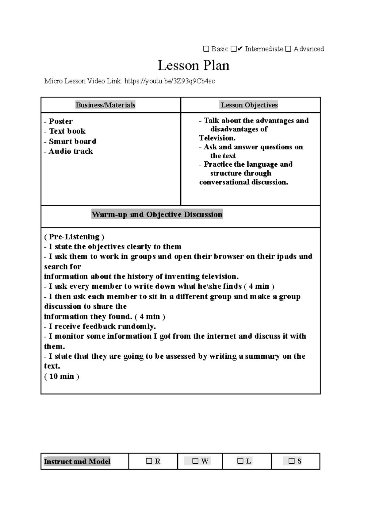 4.Technology-Enriched Listening speaking Lesson Plan - Basic Intermediate Advanced Lesson - Studocu