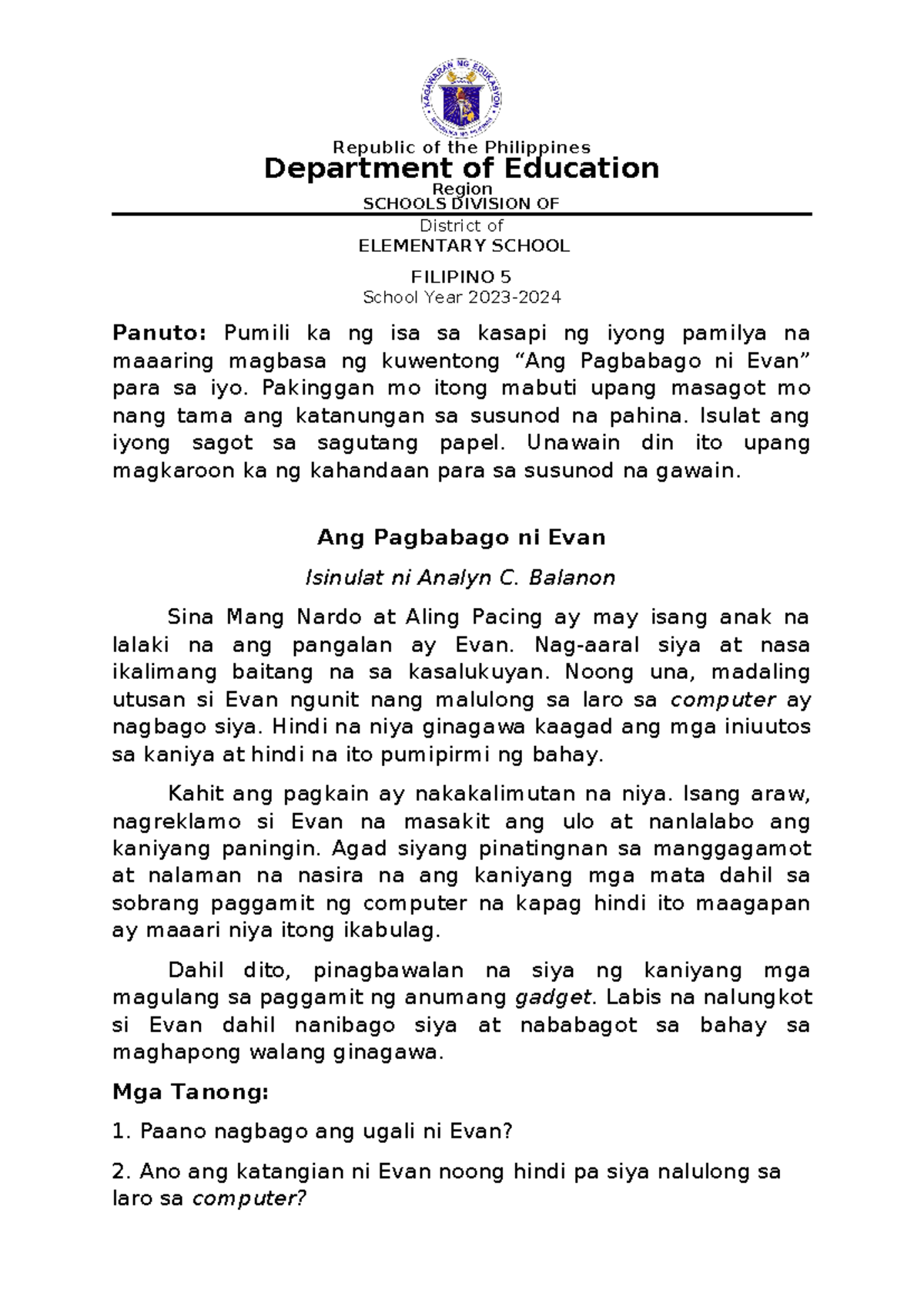 Activity Sheet Filipino 5 Q4 WEEK 1 FOR Upload - Republic of the ...