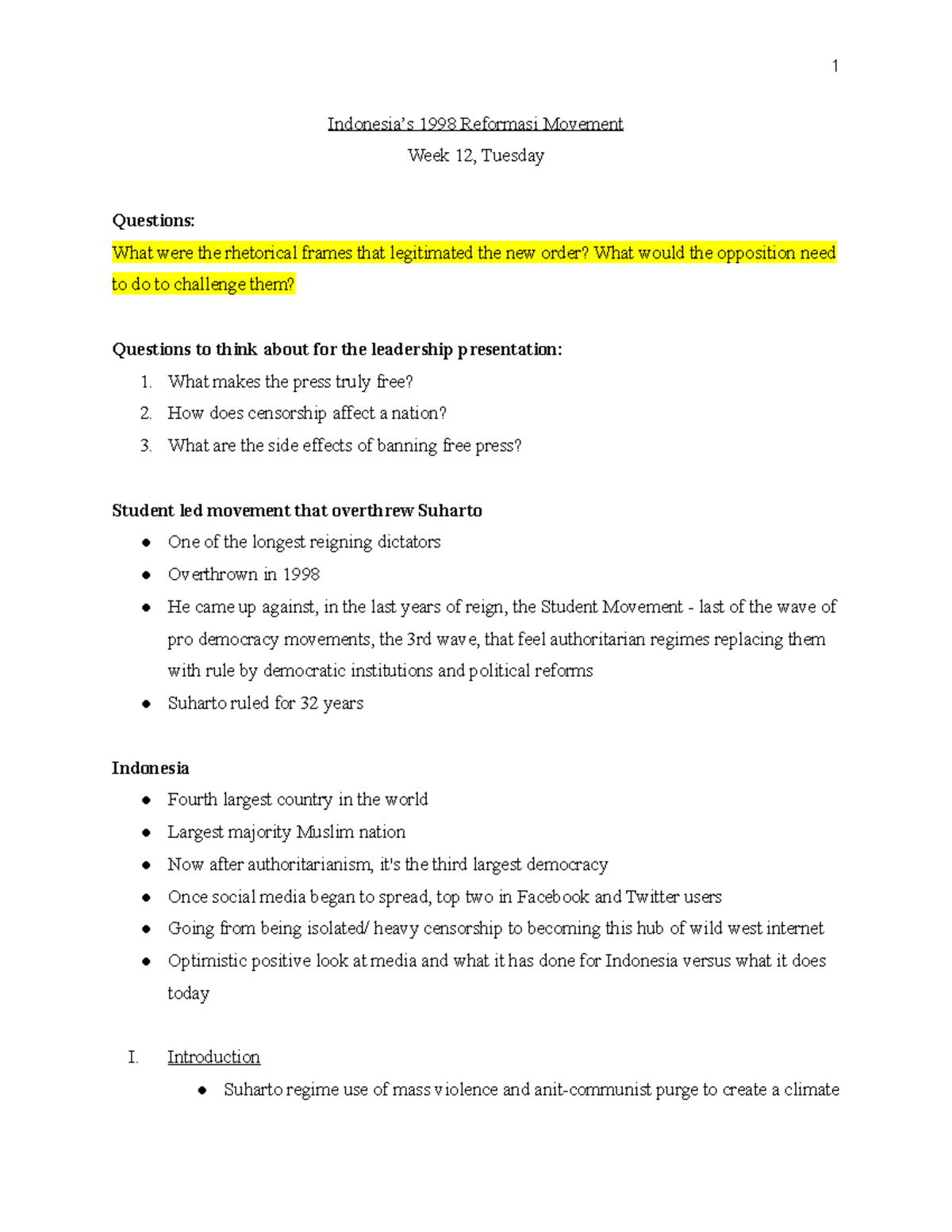 Week 12, Tuesday - Indonesia’s 1998 Reformasi Movement - Indonesia’s ...