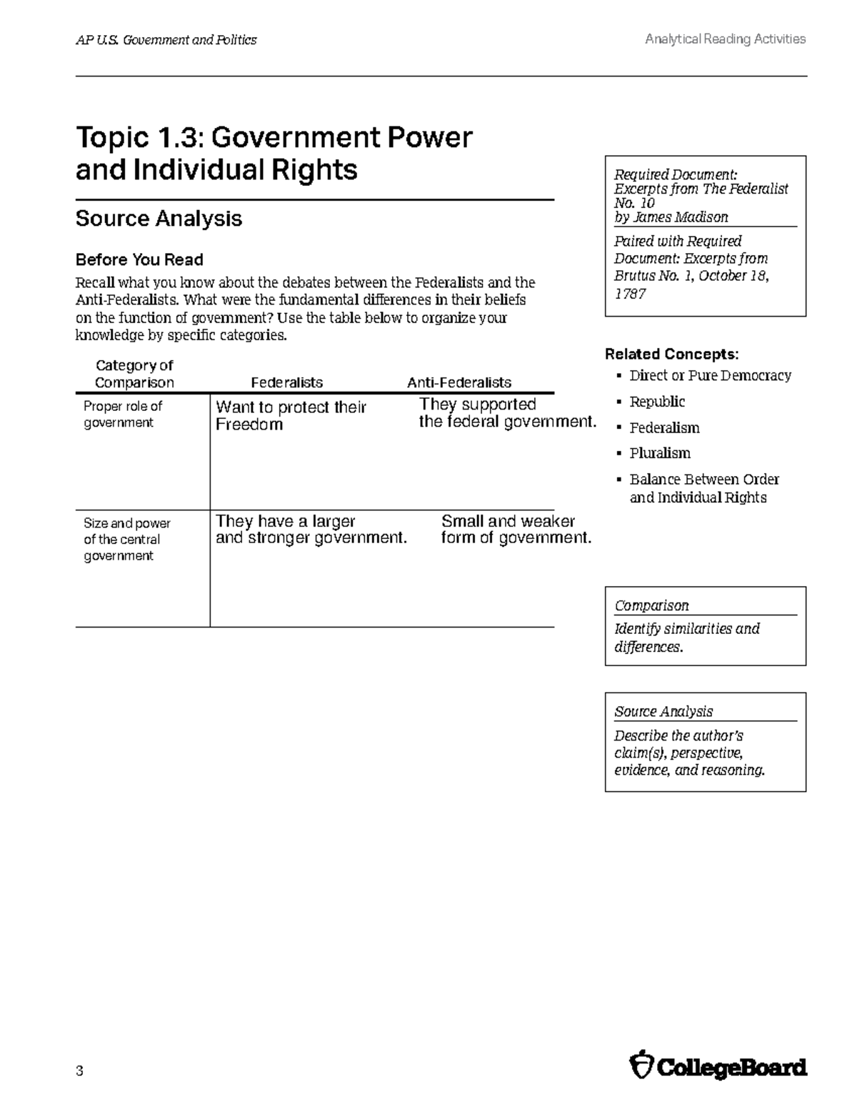 Analytical Reading Activities, Topic Federalist 10 1.3 - Topic 1 ...
