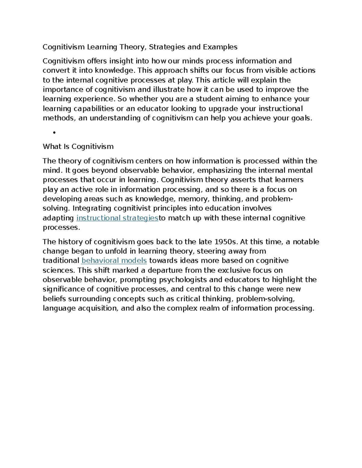 Cognitivism Learning Theory - This approach shifts our focus from ...