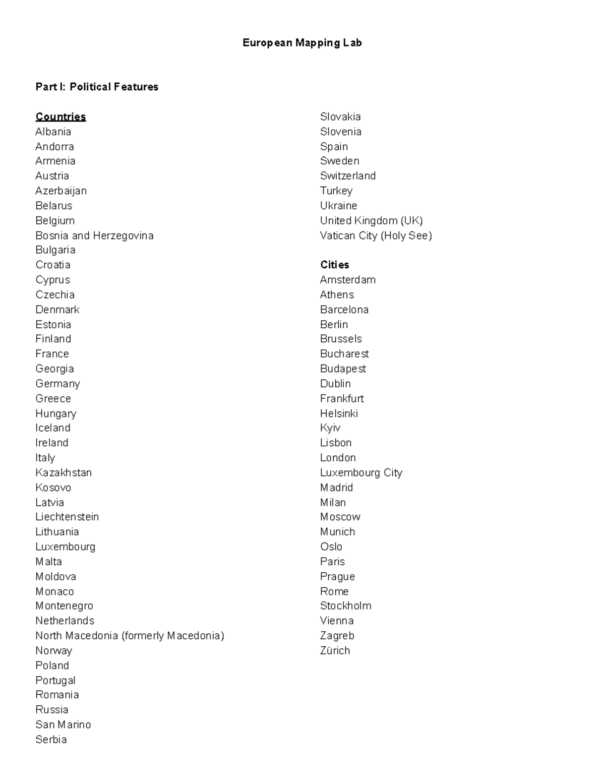 Europe Mapping Lab - Part I: Political Features Countries Albania Andorra Armenia Austria ...