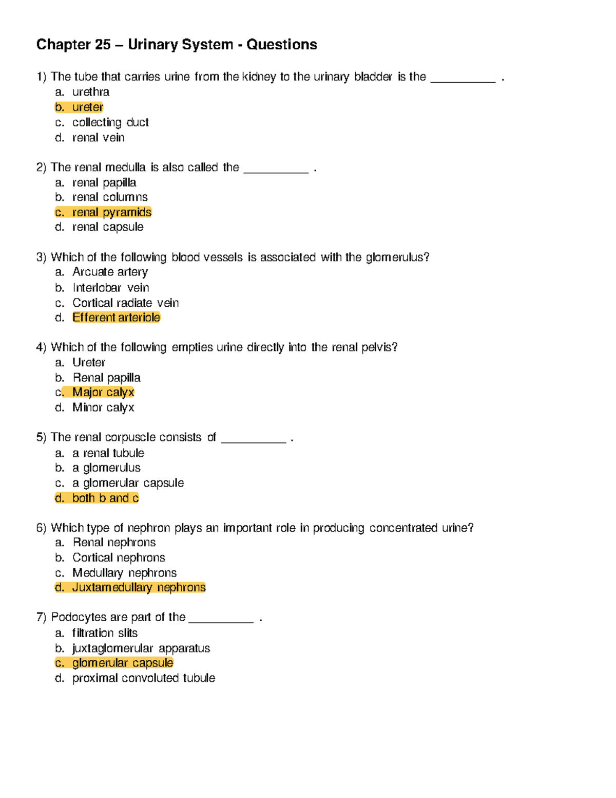 Chapter 25Urinary System Questions-2 - Chapter 25 – Urinary System ...