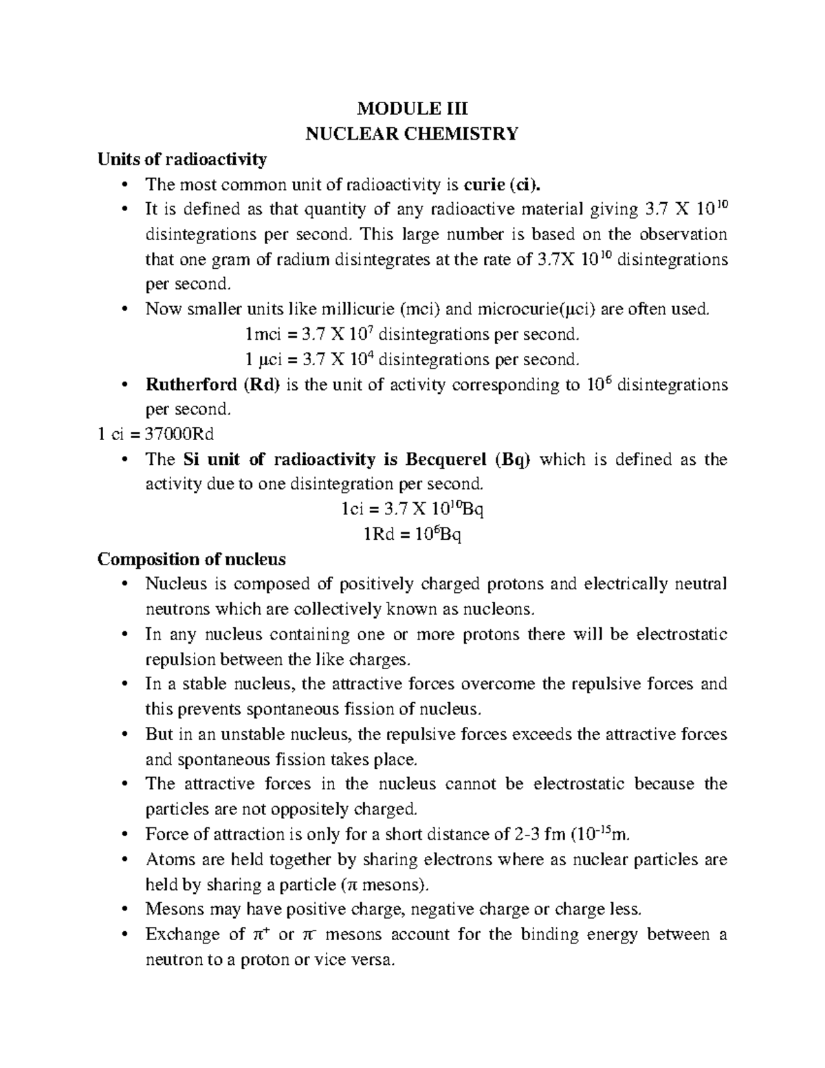 Module II Nuclear chemistry note 3 - MODULE III NUCLEAR CHEMISTRY Units ...