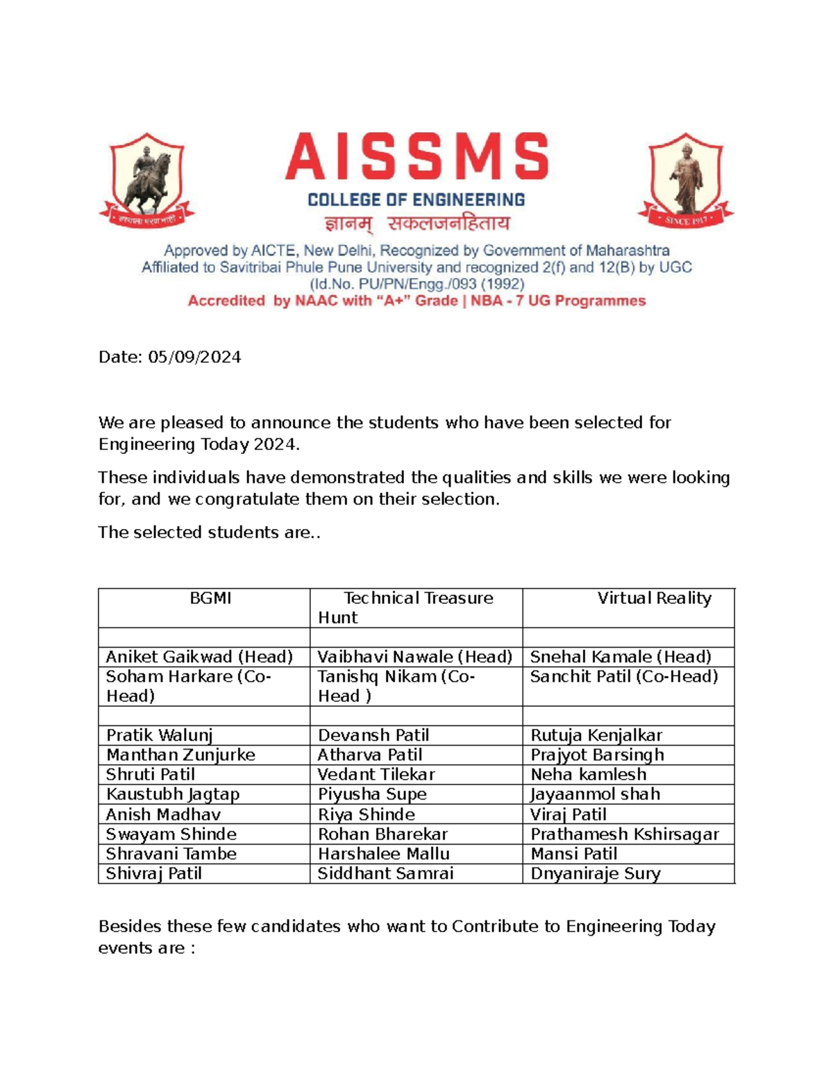 Event Team list - Jshbd - Date: 05/09/ We are pleased to announce the ...