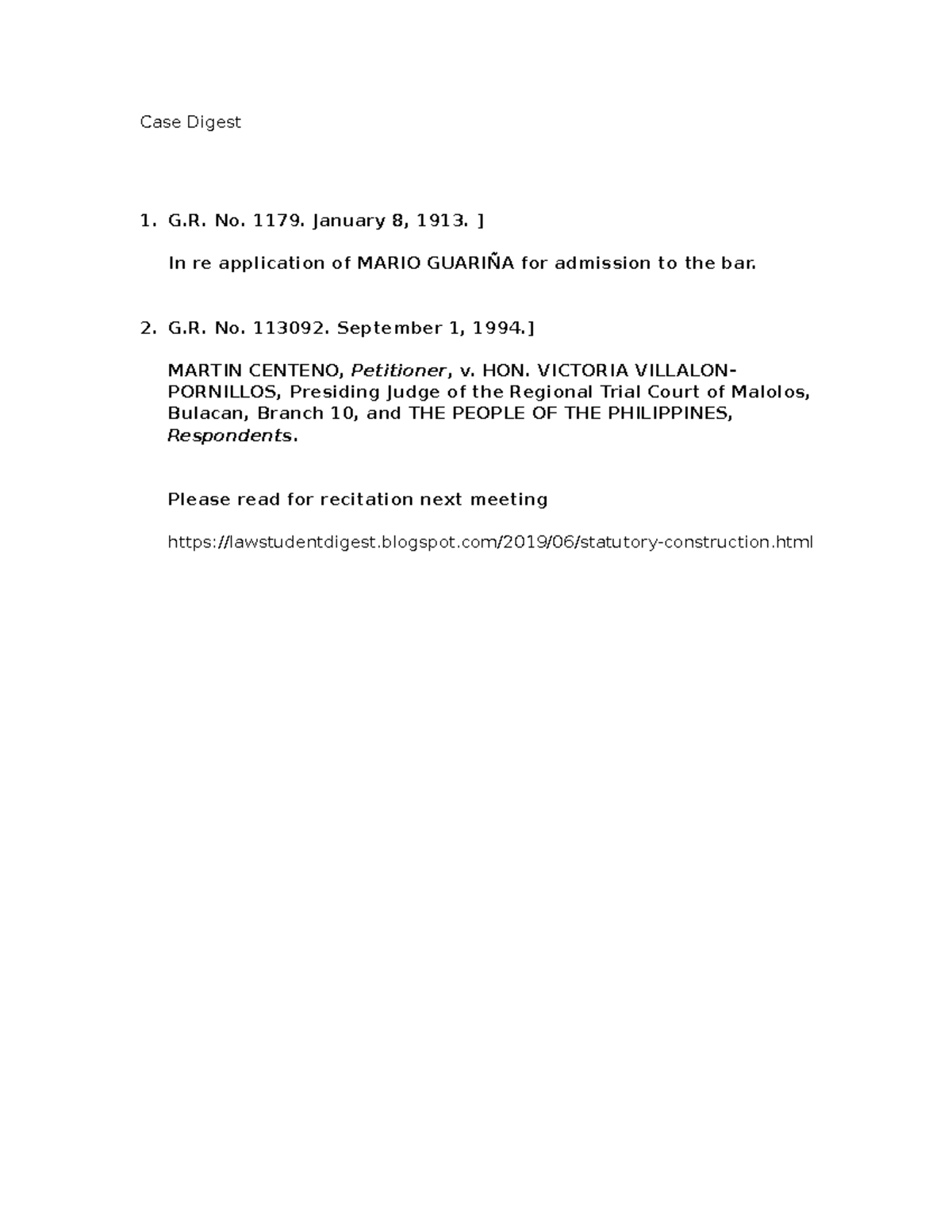 Case digest - Juris Doctor - Case Digest G. No. 1179. January 8, 1913 ...