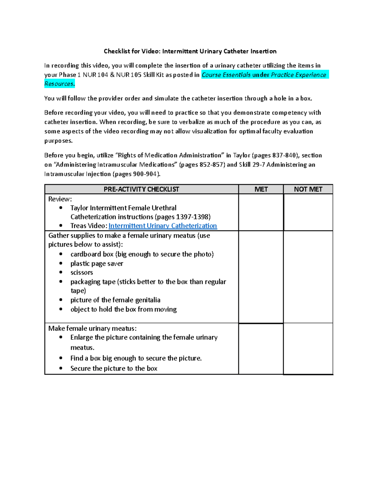 Checklist for Catheter Insertion - Checklist for Video: Intermittent ...