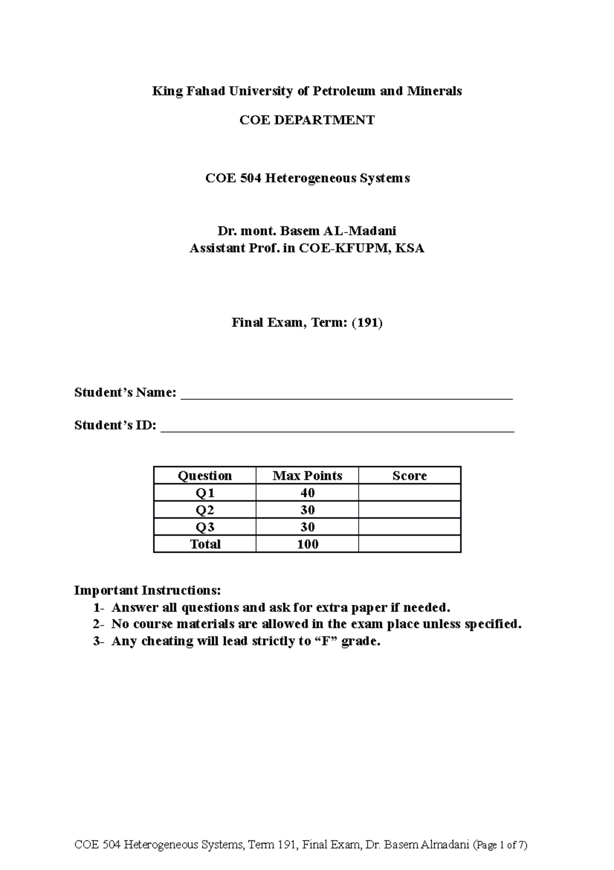 Final exam COE 504 T191 hatrogenious computing - King Fahad University of Petroleum and Minerals ...