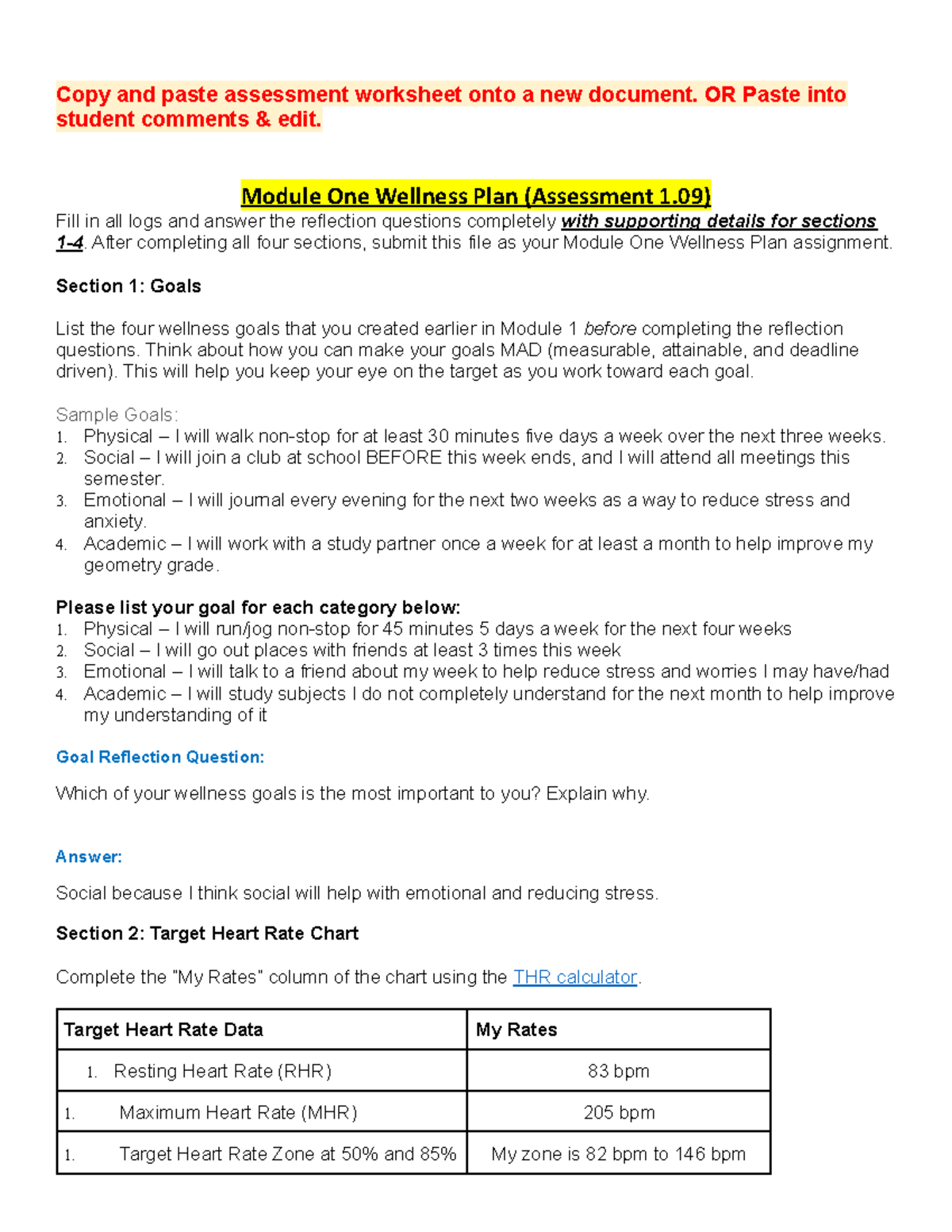 Copy of 1.09 Wellness Plan - Copy and paste assessment worksheet onto a ...