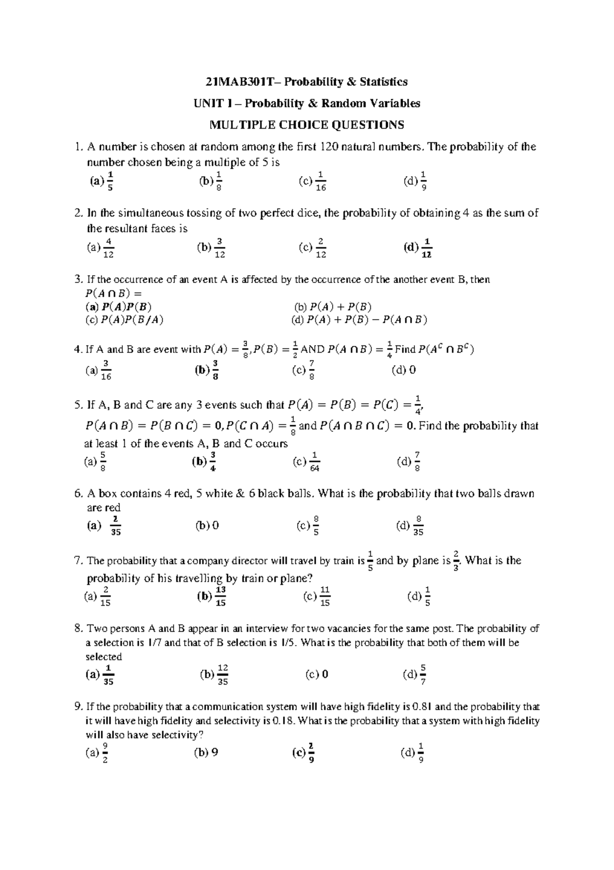 21MAB301T (1)-MCQ unit-1 - 21MAB301T– Probability & Statistics UNIT I ...