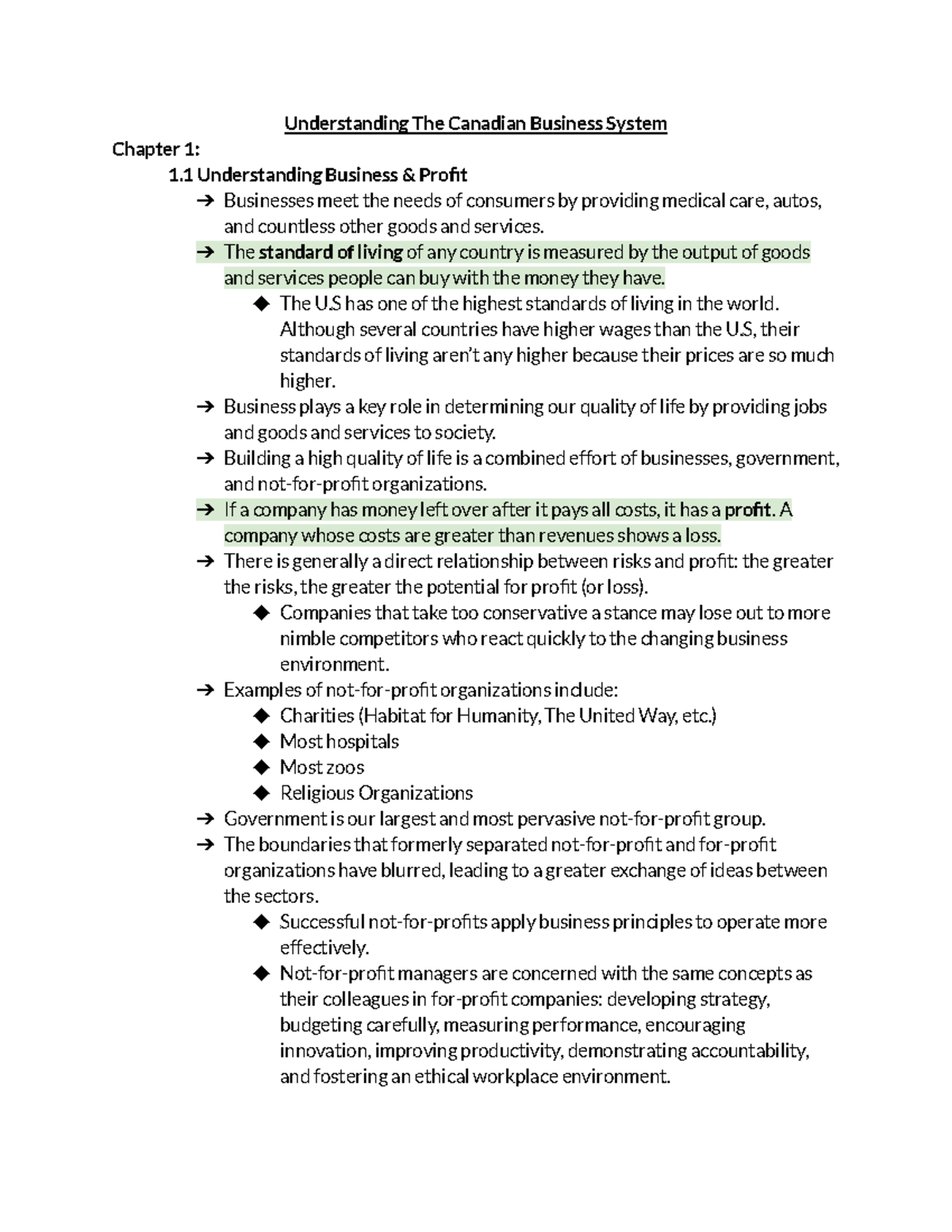 Chapter 1 Notes - MGMT 1000 - Understanding The Canadian Business ...
