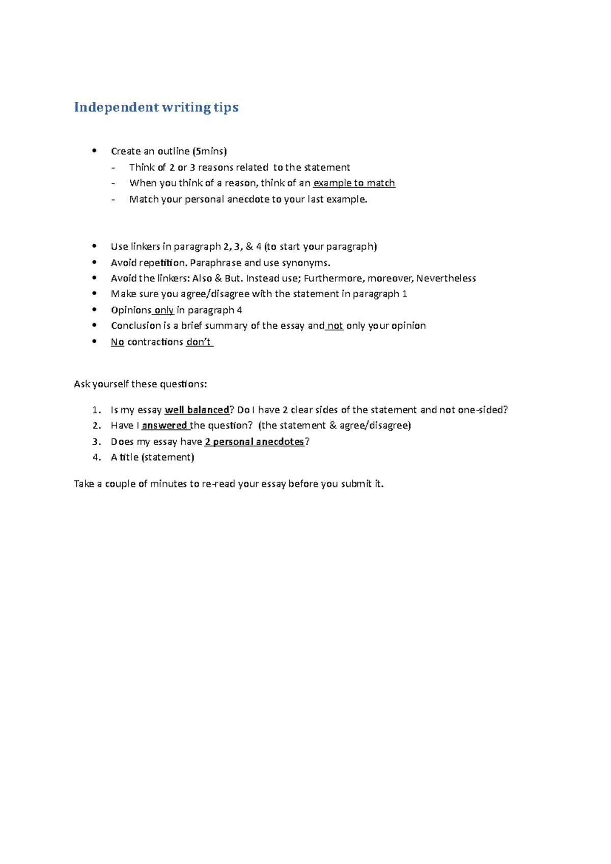 Independent writing tips - Use linkers in paragraph 2, 3, & 4 (to start ...