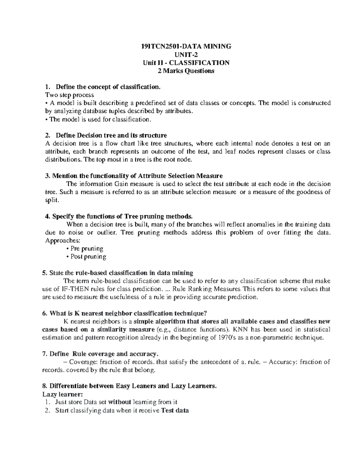 DM Unit 2 QB&ANS - no new information - 19ITCN2501-DATA MINING UNIT- Unit II - CLASSIFICATION 2 ...