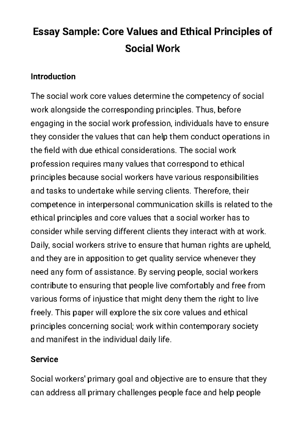 Essay Sample - notes - Essay Sample: Core Values and Ethical Principles ...