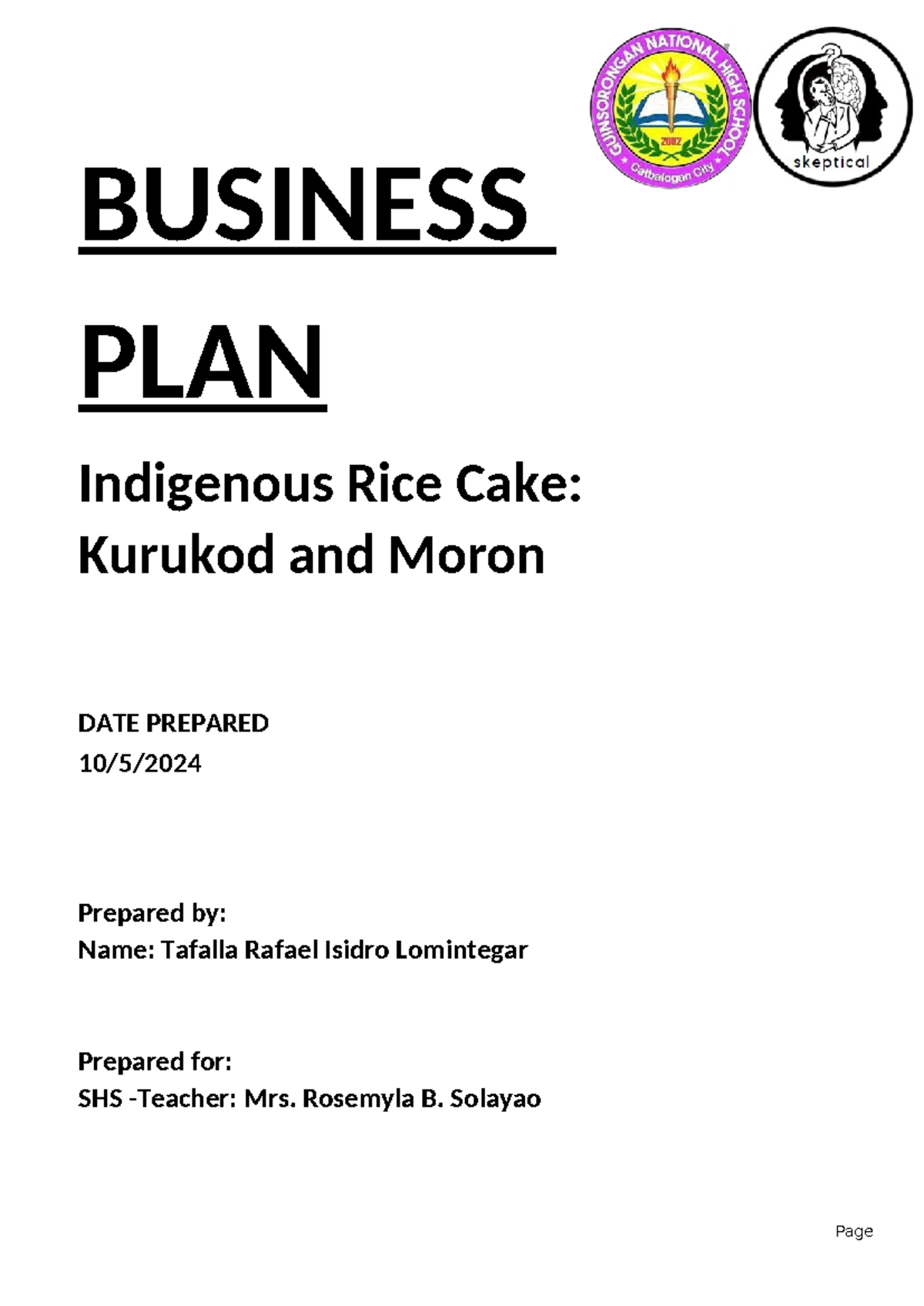 Business Plan - BUSINESS PLAN Indigenous Rice Cake: Kurukod and Moron ...